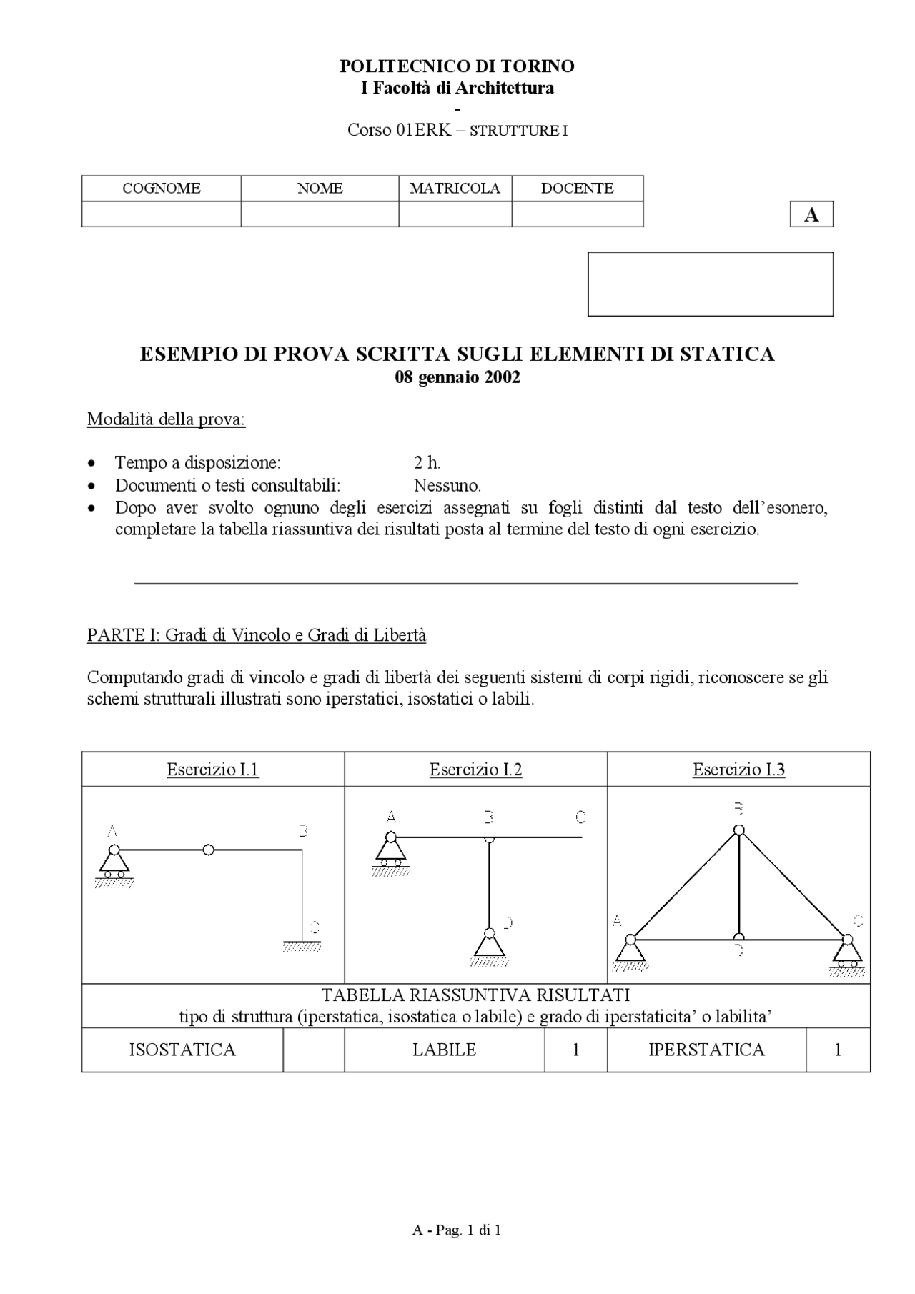 Tema Desame Strutture I Elementi Di Statica 8012002 A Docsity