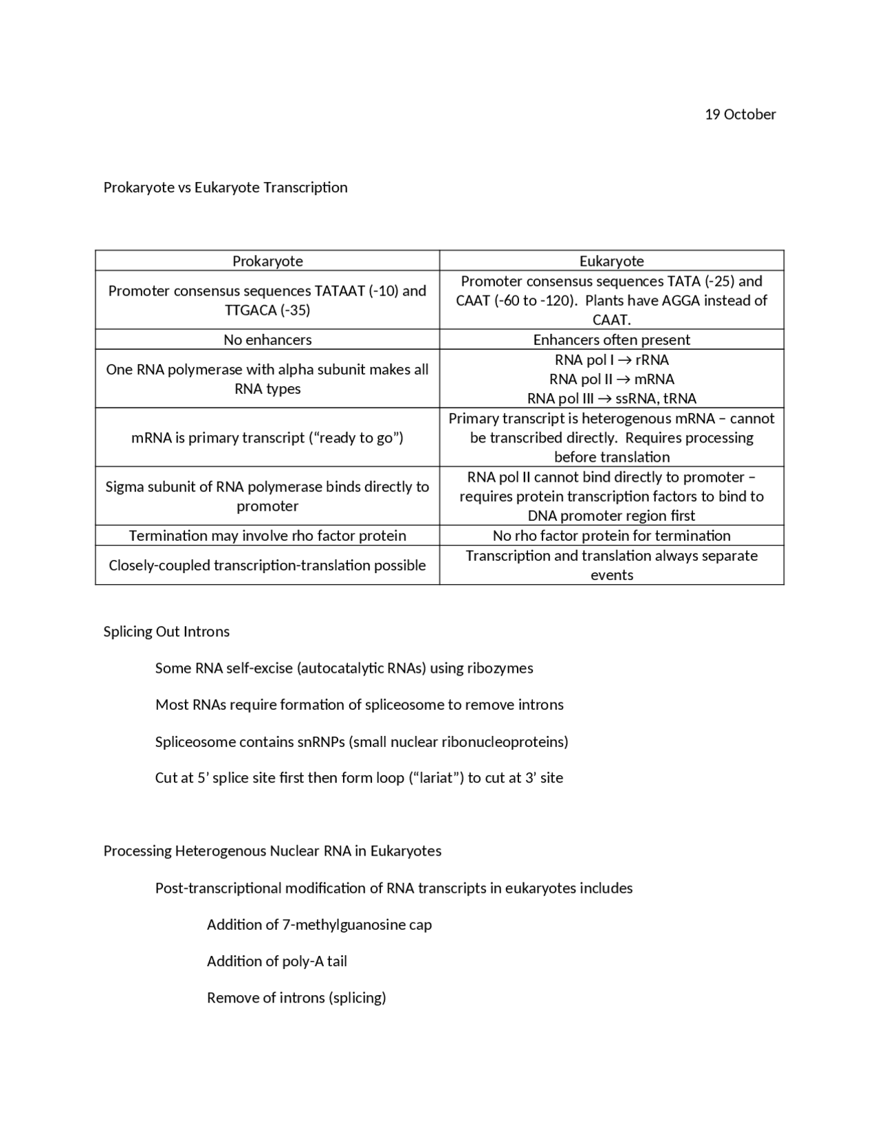 Lecture Notes On Prokaryote Vs Eukaryote Transcription Socr 330 Docsity
