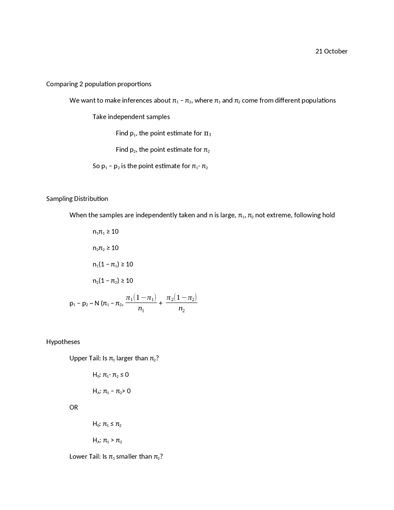 Notes On Comparing Population Proportions Statistical Methods Stat 301 Docsity