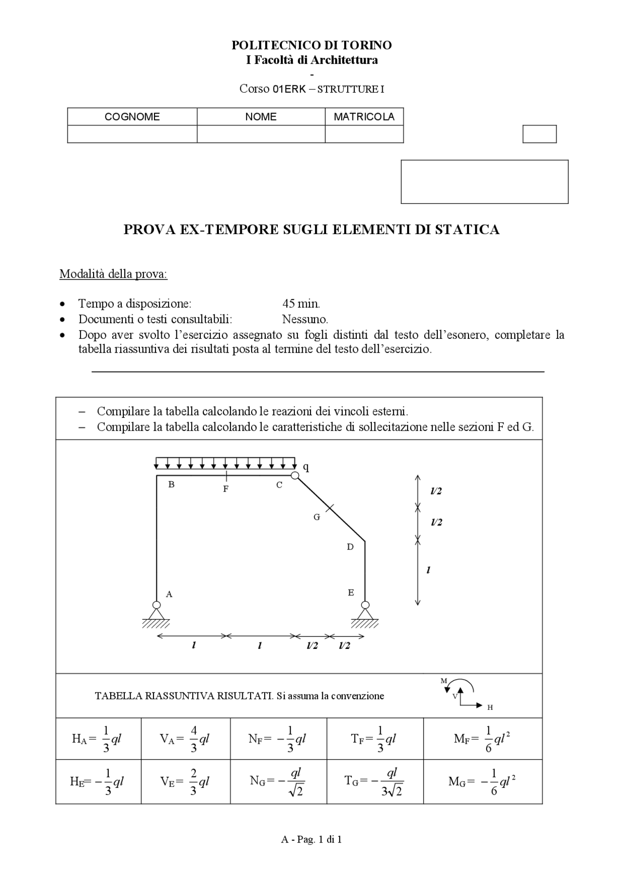 Prova Ex Tempore Sugli Elementi Di Statica 2 Docsity