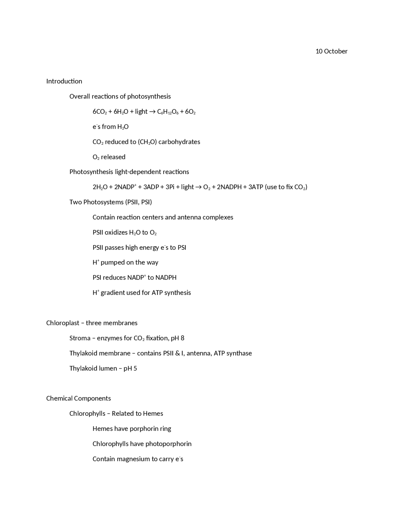 Notes On Introduction To Overall Reaction Of Photosynthesis Life 210