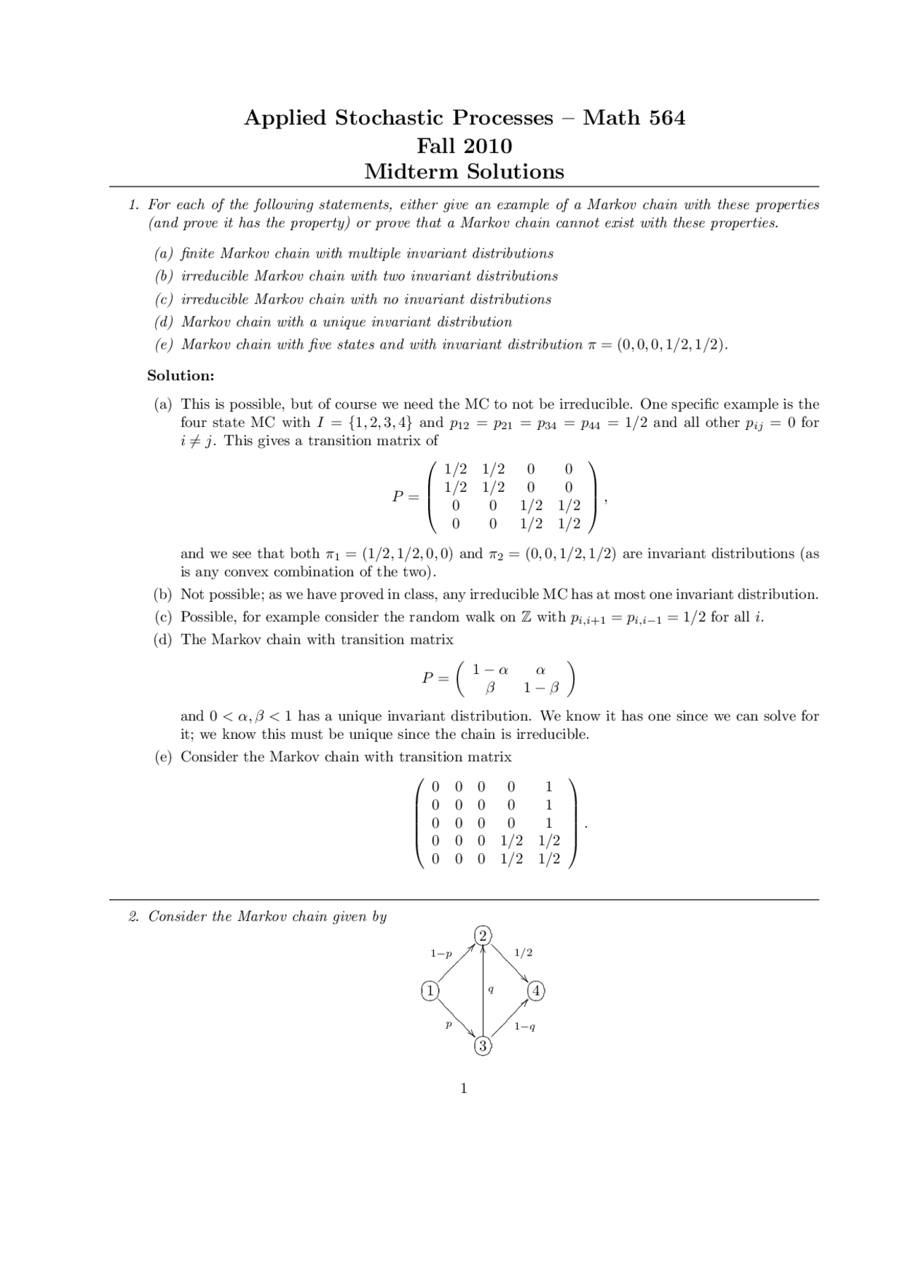 4 Solved Problems On Applied Stochastic Processes Midterm Exam Math