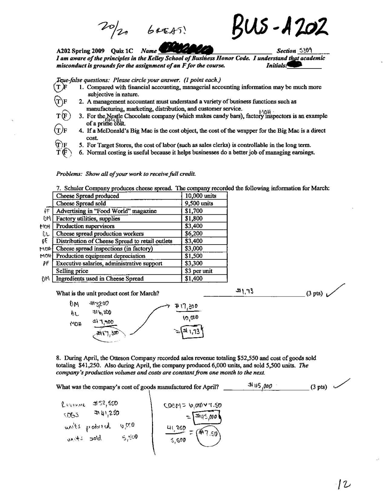 Quiz 1c Solved Introduction To Managerial Accounting Bus Docsity