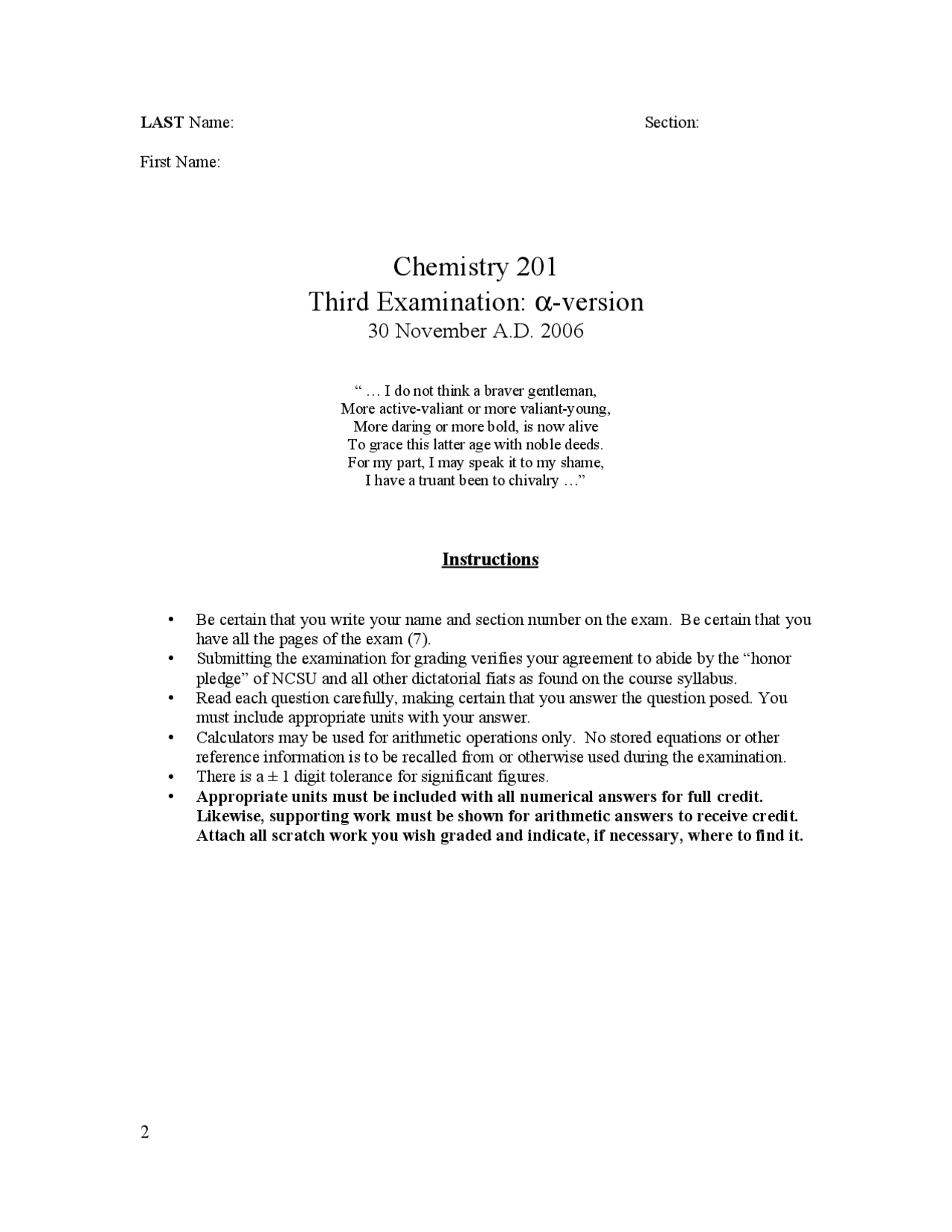 Exam 3 Practice Questions A Quantitative Science Fall 2006 Ch 201
