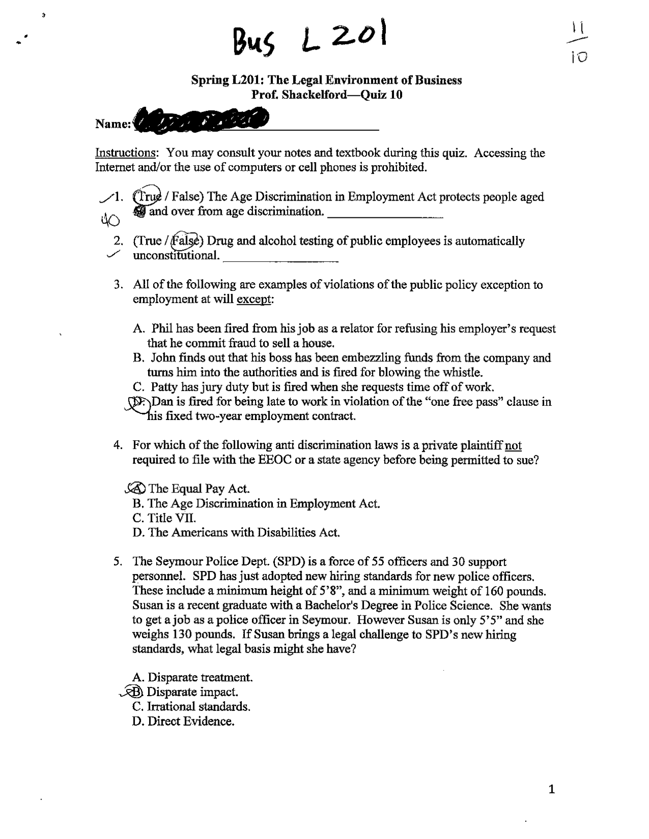 Legal Environment of Business - Quiz 10 with Answer Key | BUS | Quizzes ...