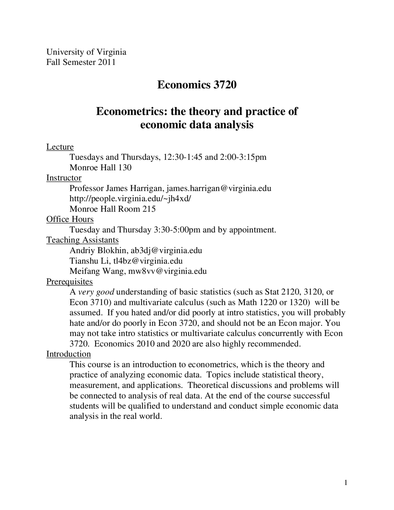 Introduction To Regression Analysis In Economics Syllabus Econ 3720