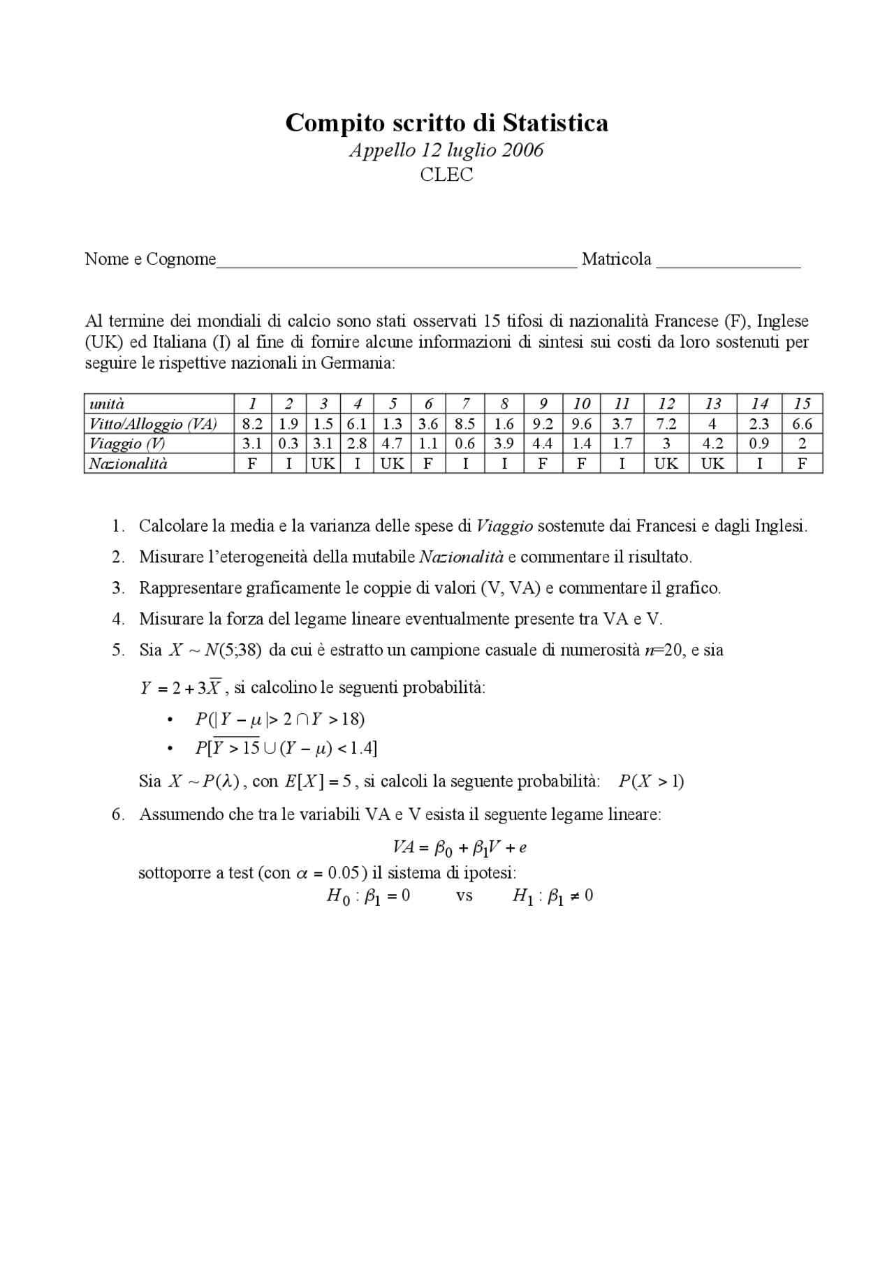 Traccia D Esame Di Statistica Docsity