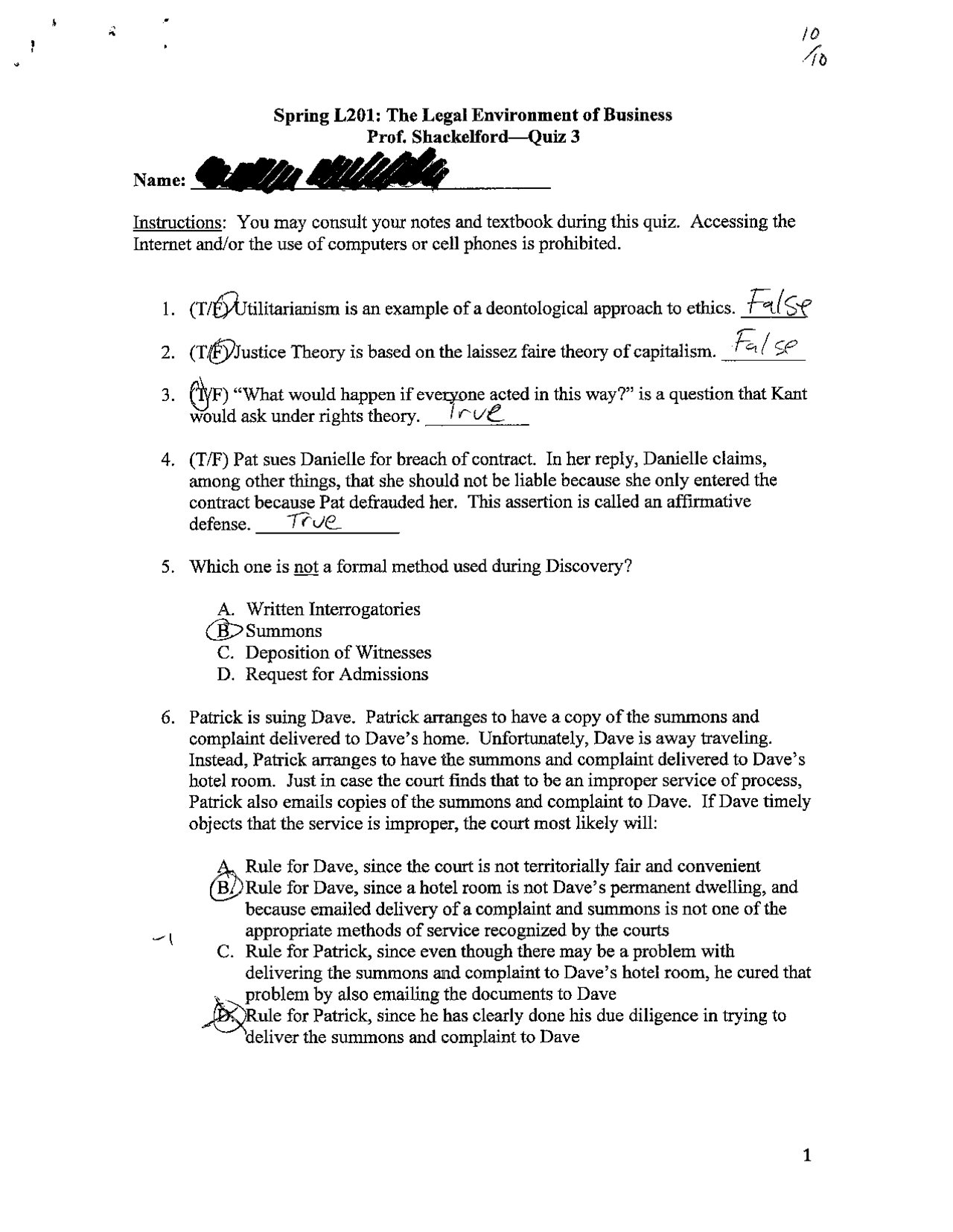 Quiz 3 Solved Legal Environment Of Business Bus Docsity