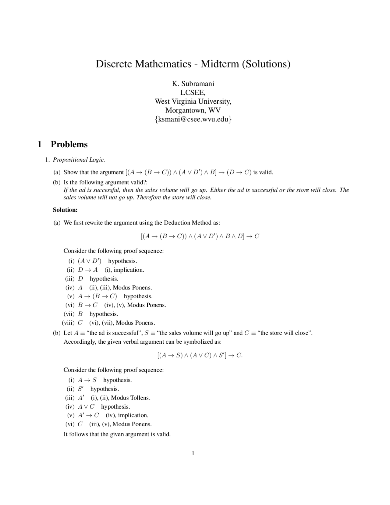 Midterm Exam With Solutions For Discrete Mathematics Cs 220 Docsity