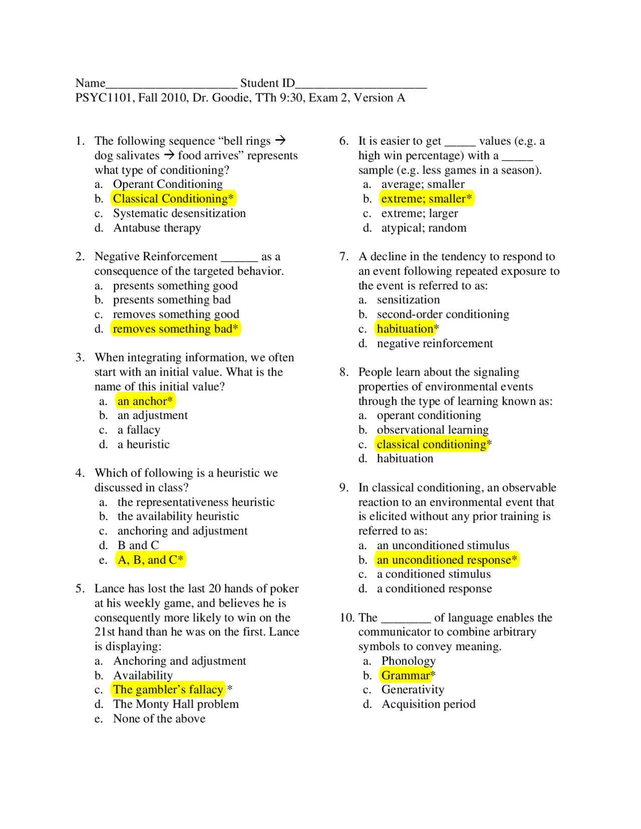 Exam Ii Mcqs Elementary Psychology Psyc 1101 Docsity