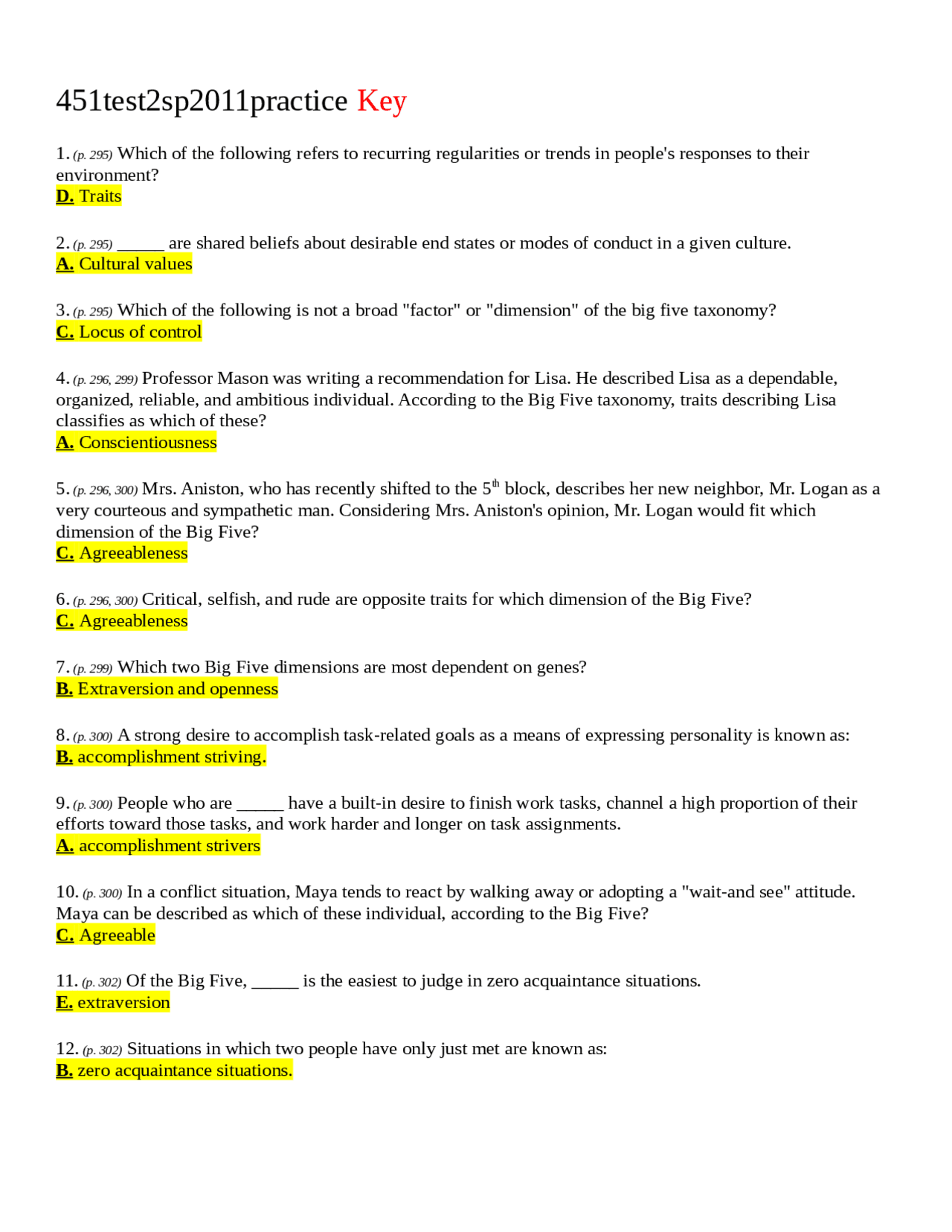 Exam 2 Answers Key Organizational Behavior Mgmt 451 Docsity
