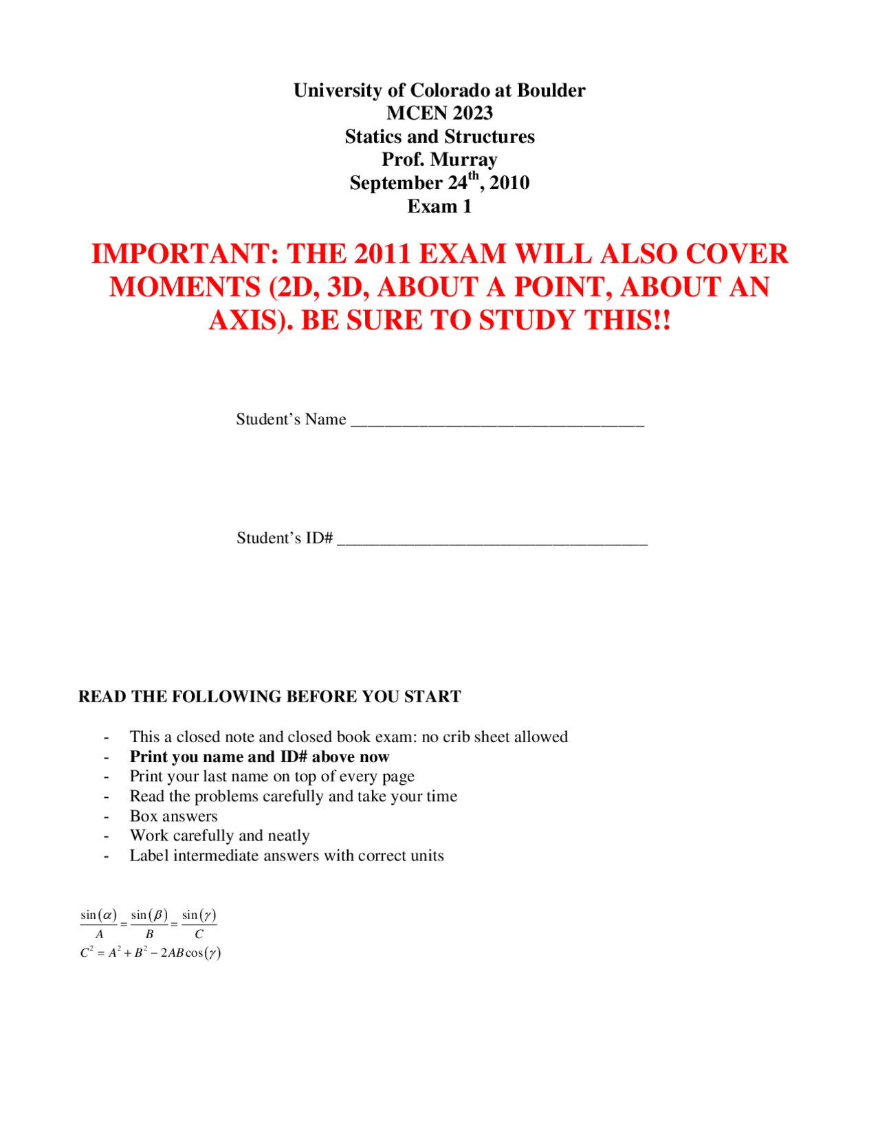 Exam 1 For Statistics And Structures Mcen 2023 Docsity