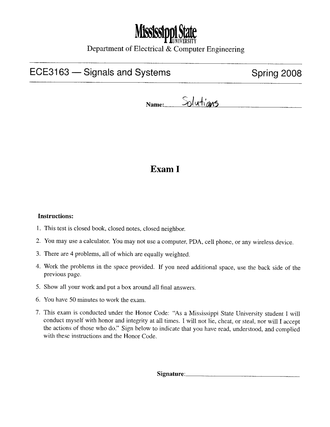 Exam 1 Questions With Solutions Signals And Systems Ece 3443 Docsity