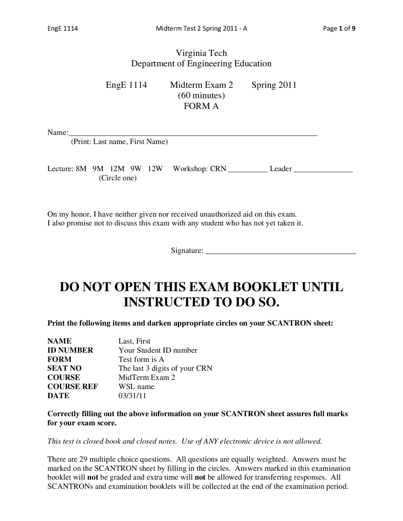 Midterm Exam for Engineering Course - Prof. Tamara Wright Knott | Exams ...