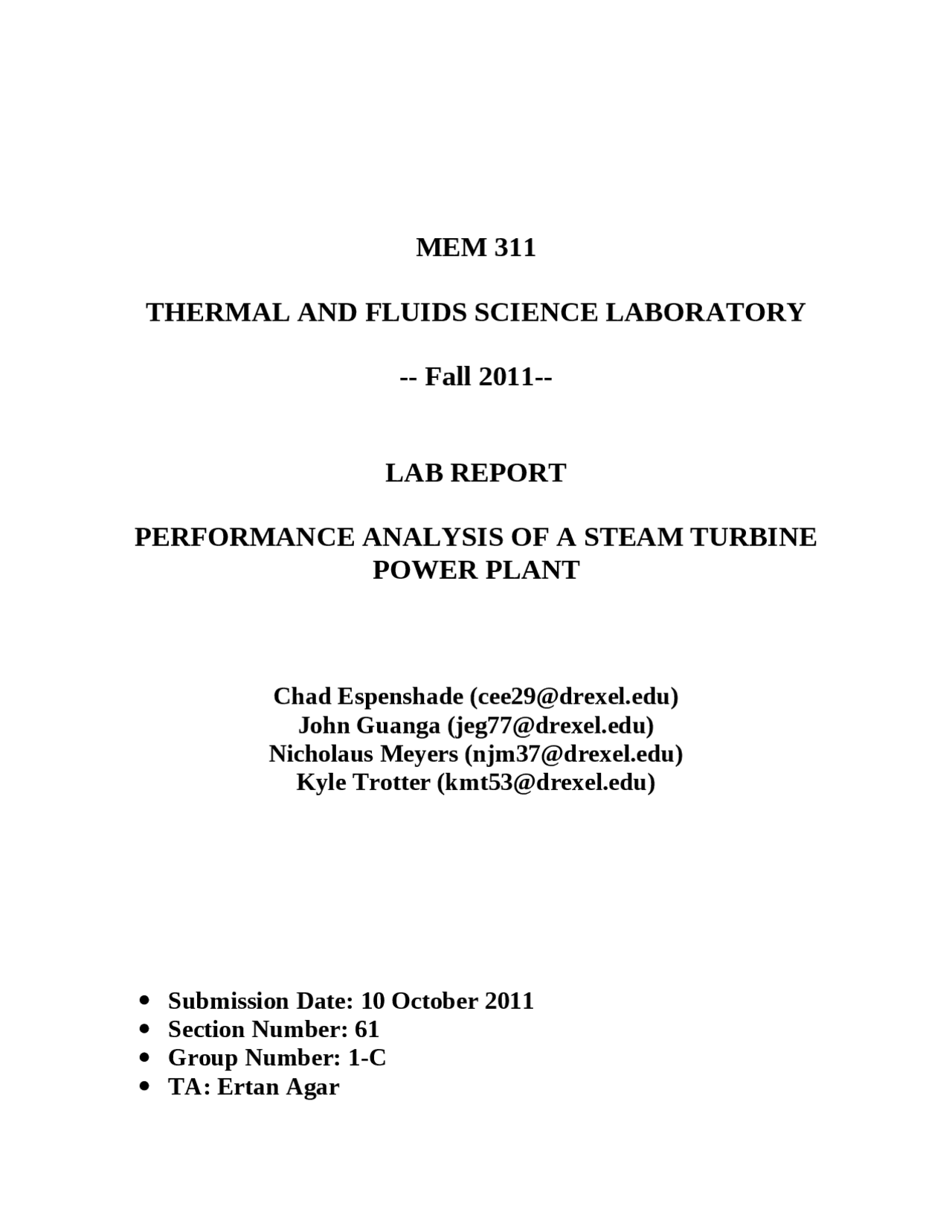 Performance Analysis Of Steam Turbine Power Plant Lab Report Mem