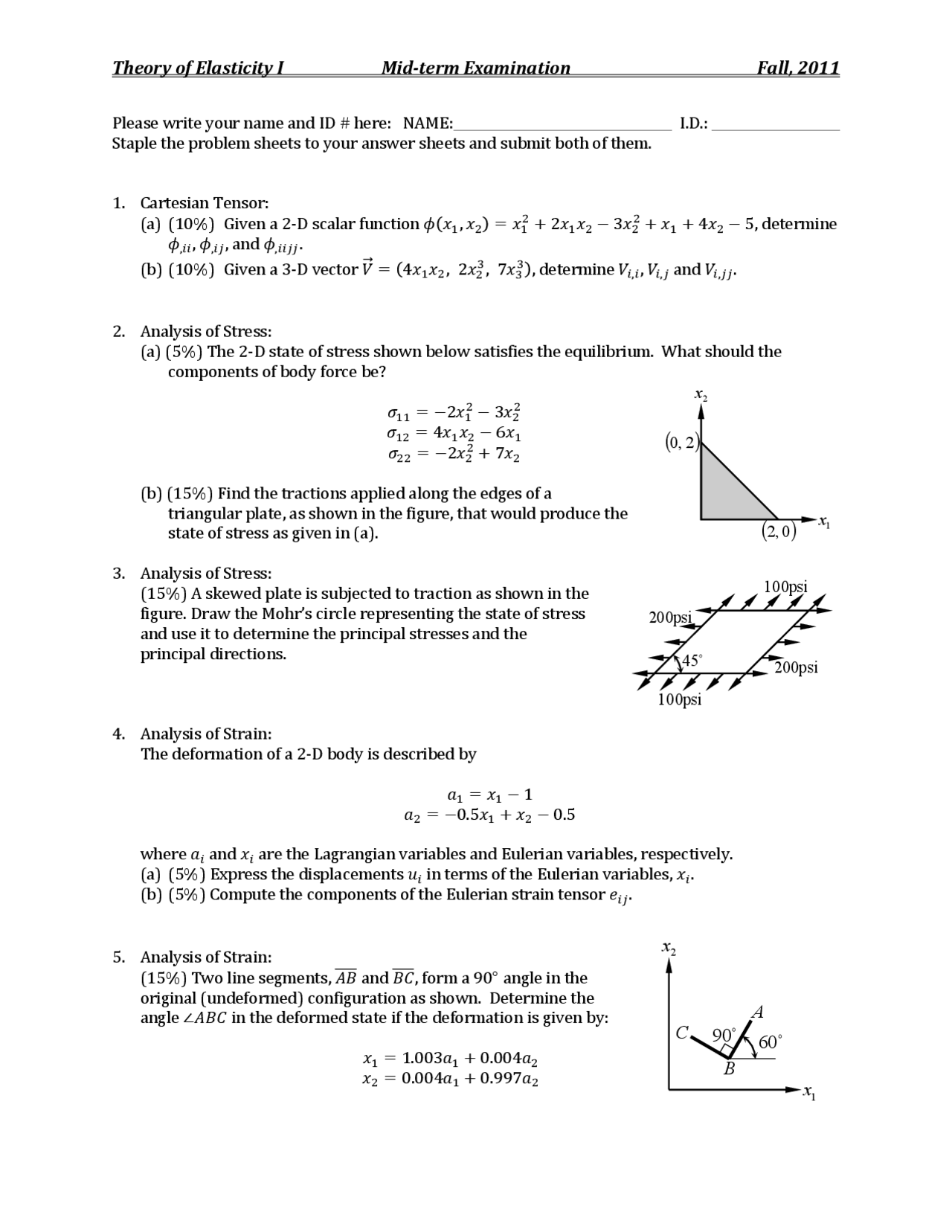 Theory Of Elasticity I Midterm Exam Mem 660 Docsity