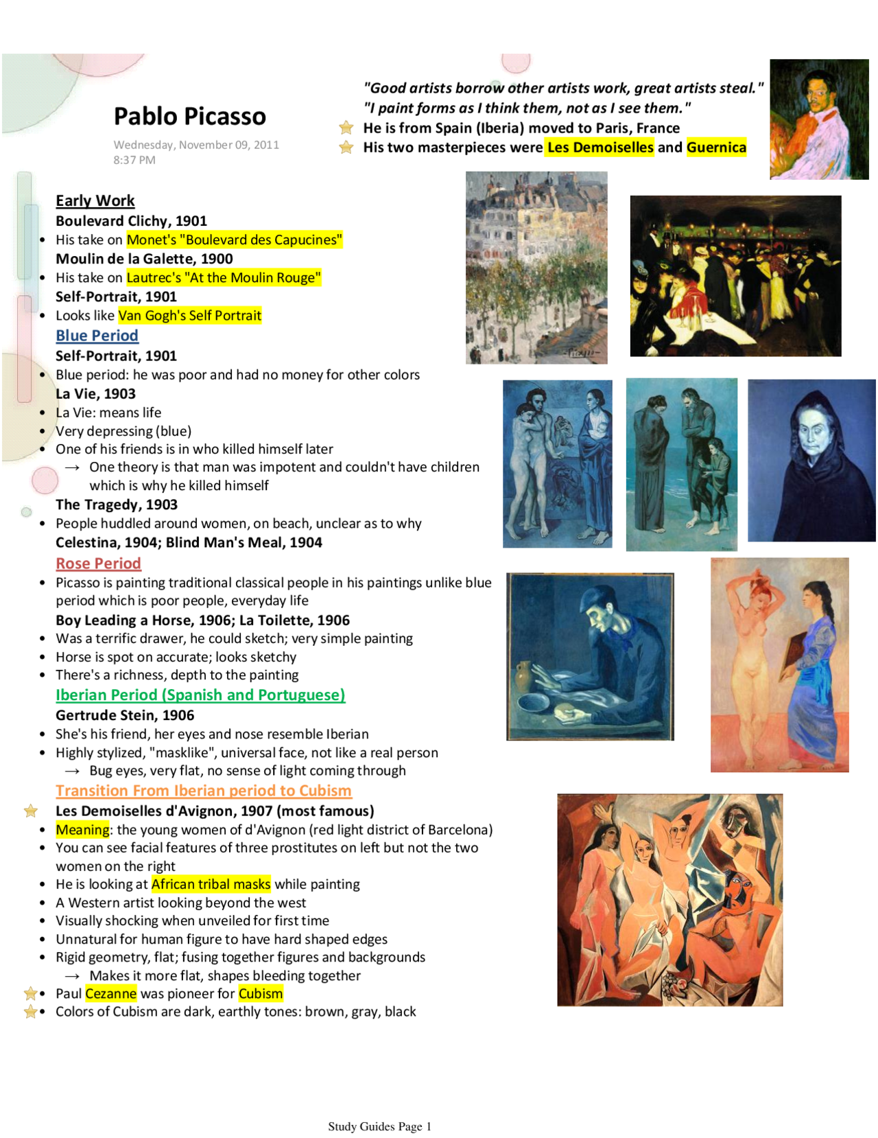 Pablo Picasso in Art Appreciation | ART 1030 - Docsity