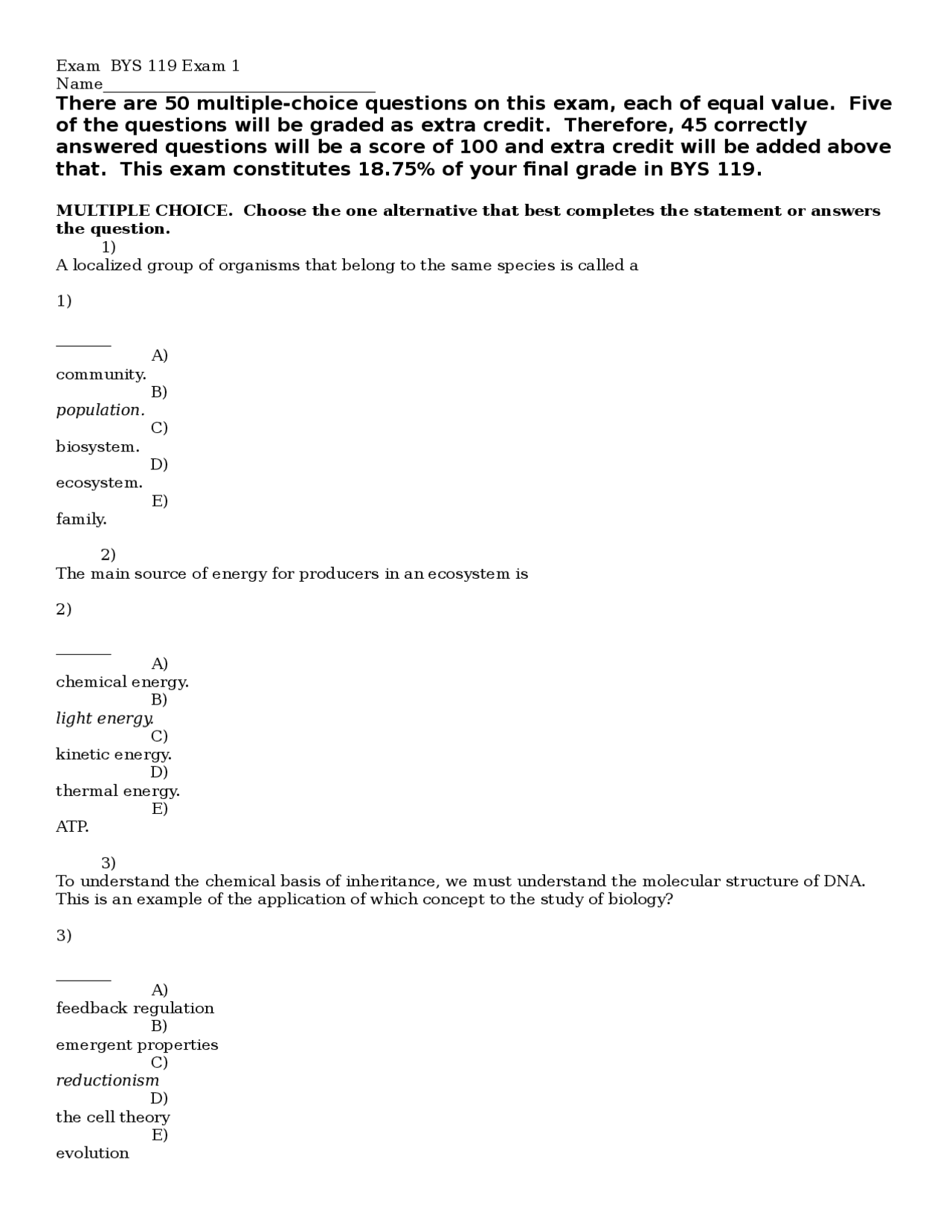 Principles Of Biology 50 Mcqs Solved For Exam 1 Bys 119 Docsity