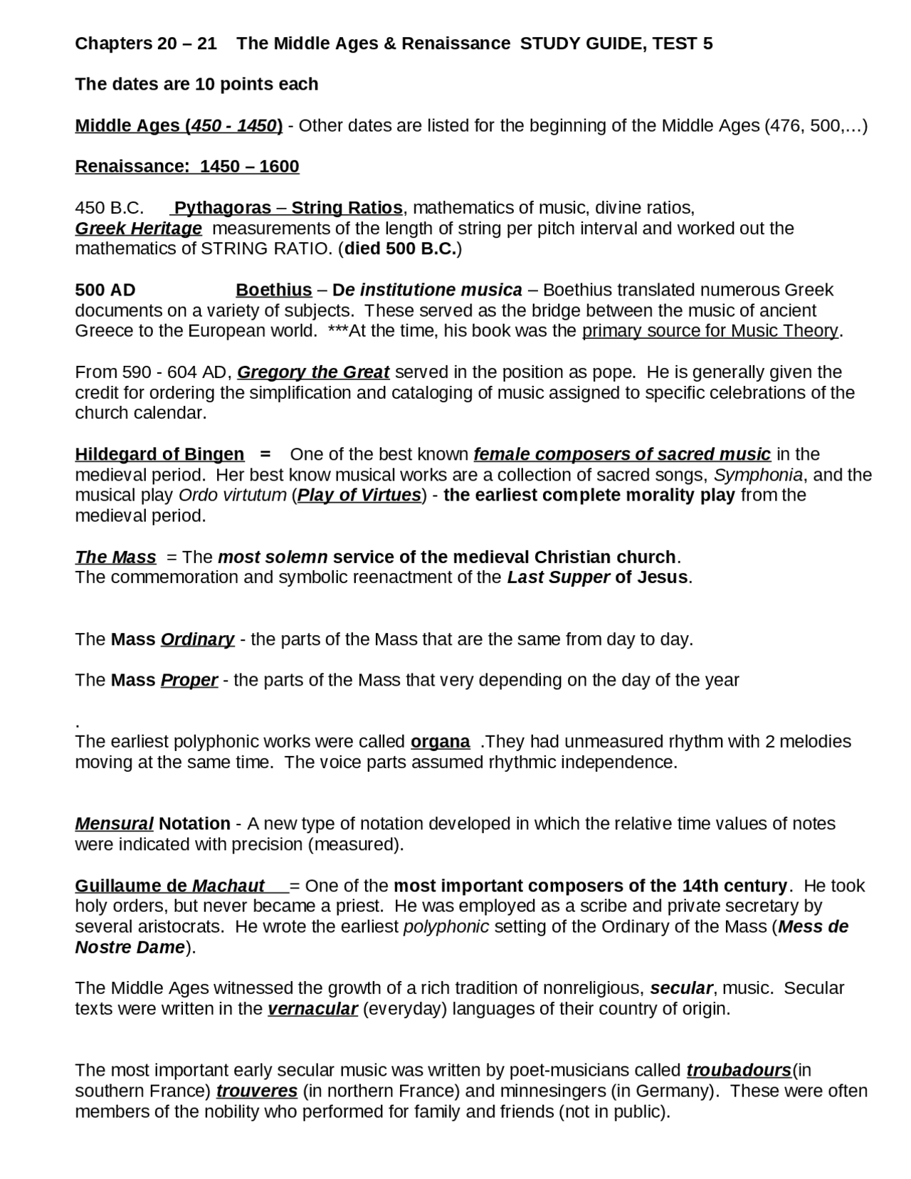 Middle Ages and the Renaissance Study Guide - Music Appreciation | MUS ...