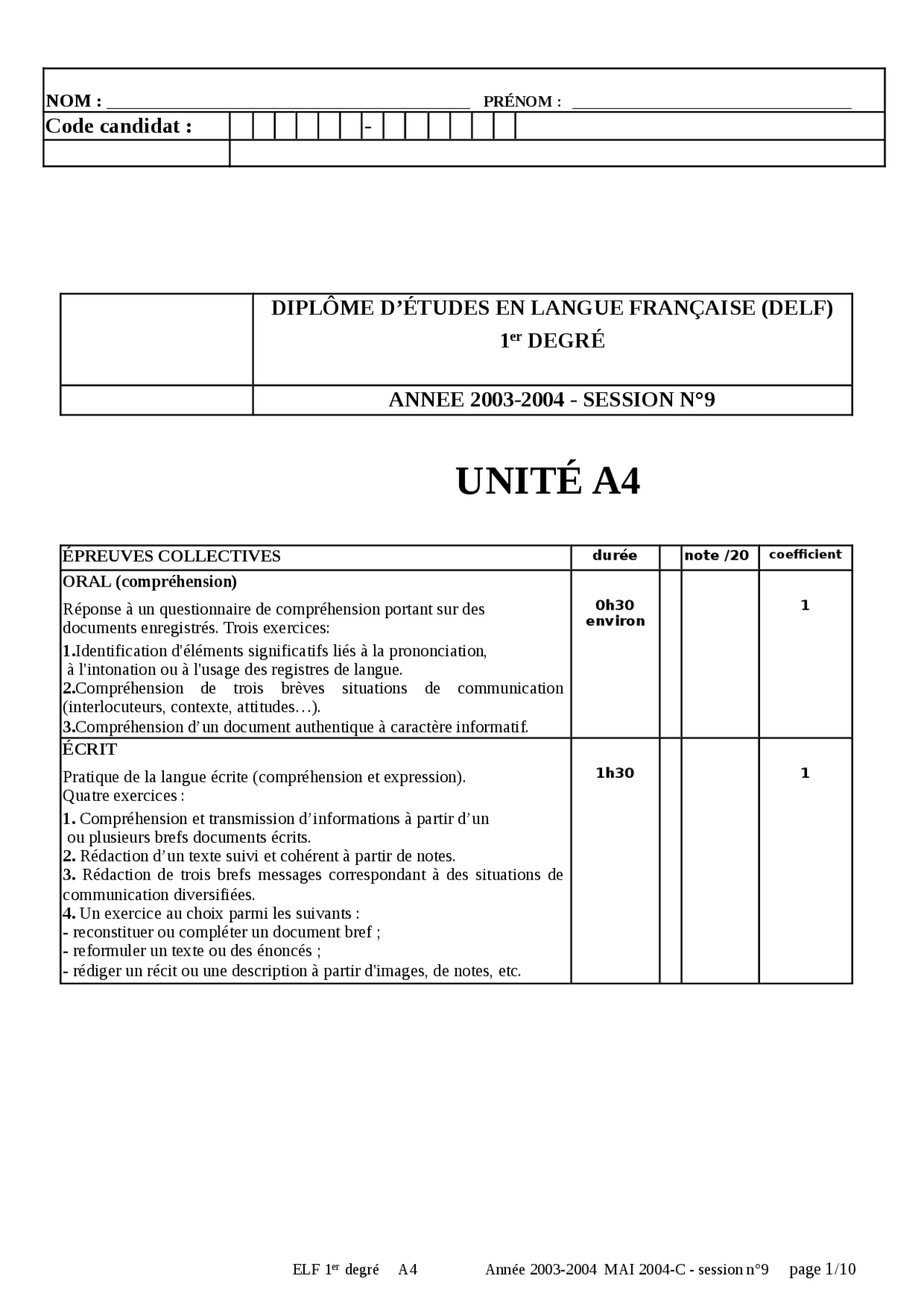 Test Delf A4 Esame Lingua Francese 200304 Docsity