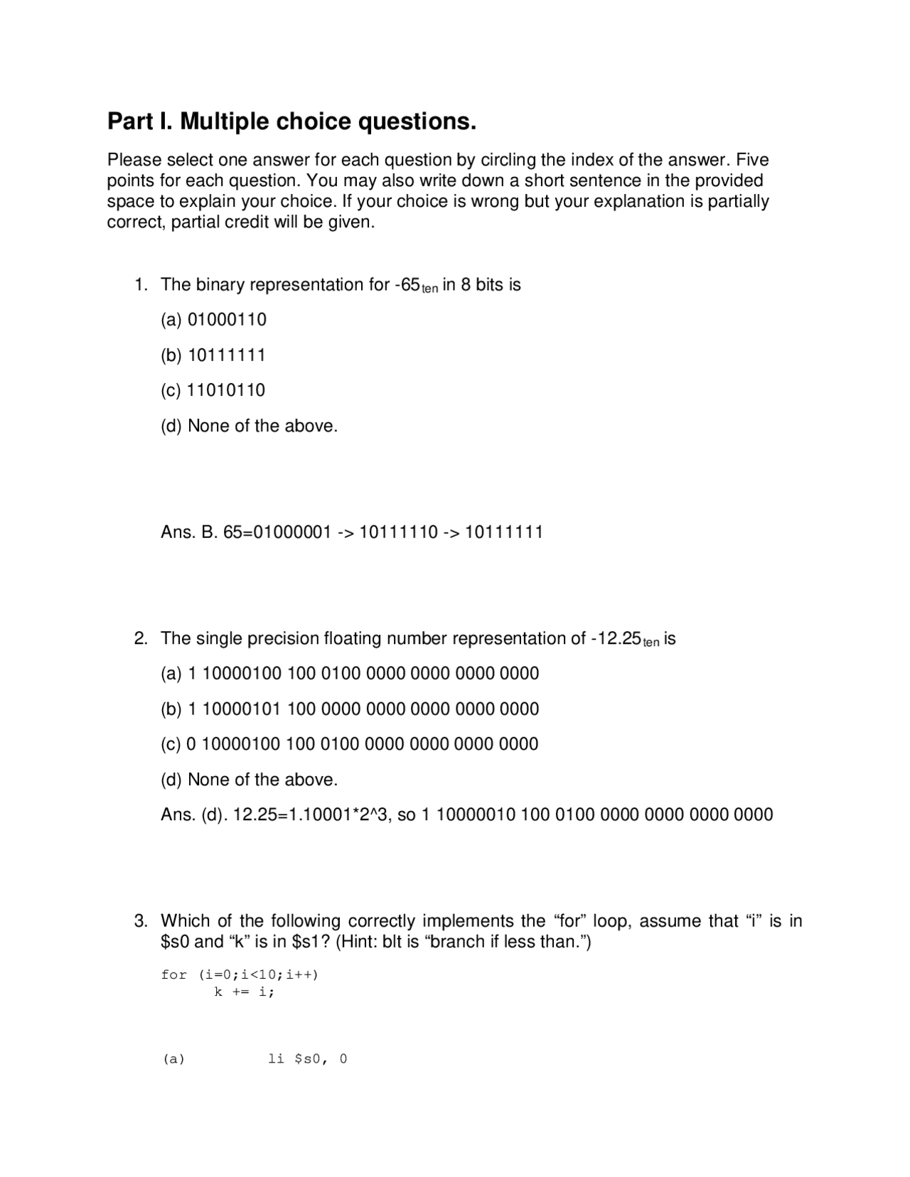 Multiple Choice Questions Part 1 - Computer Organization I | CDA 3100 | Exams Electrical and ...