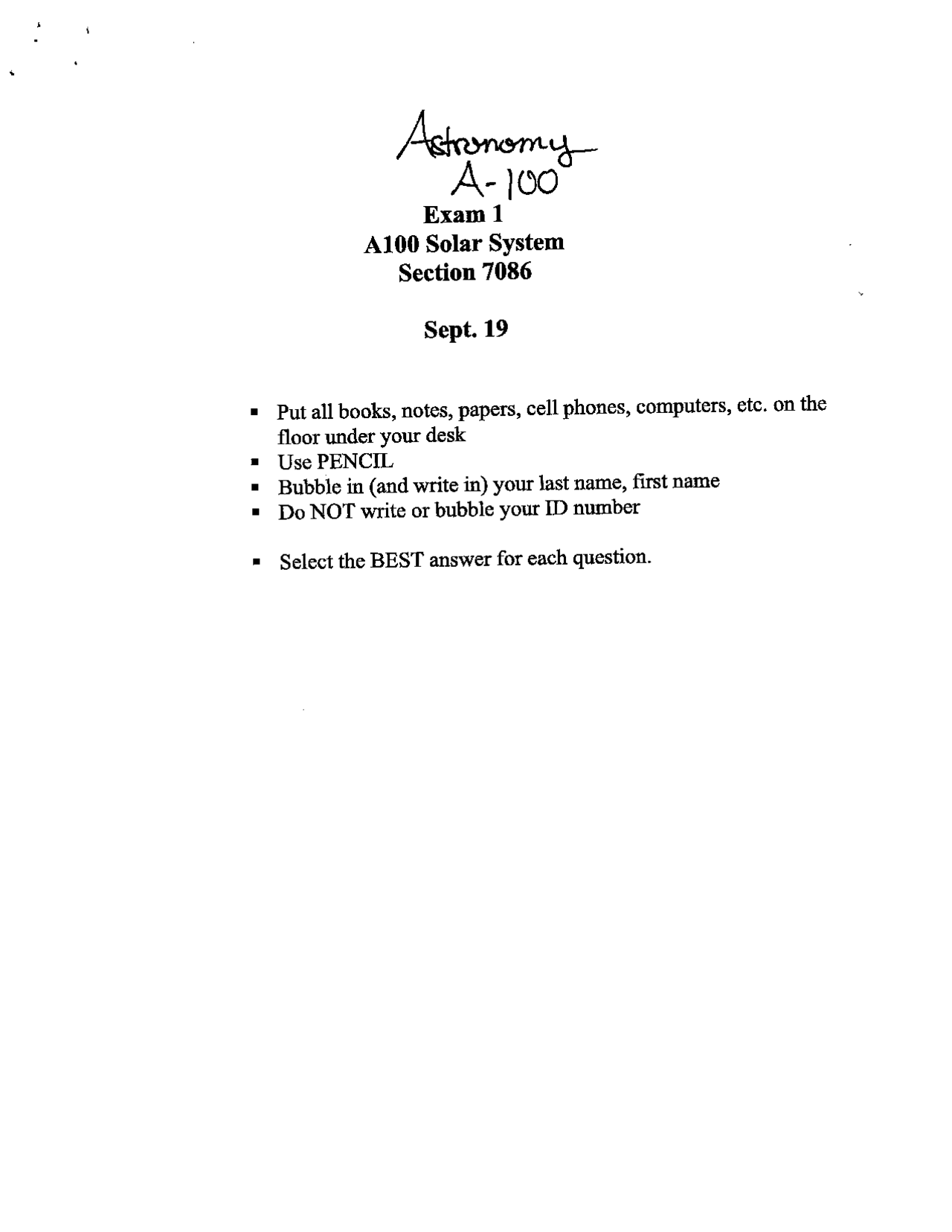 Exam 1 Solved Astronomy The Solar System Ast Docsity