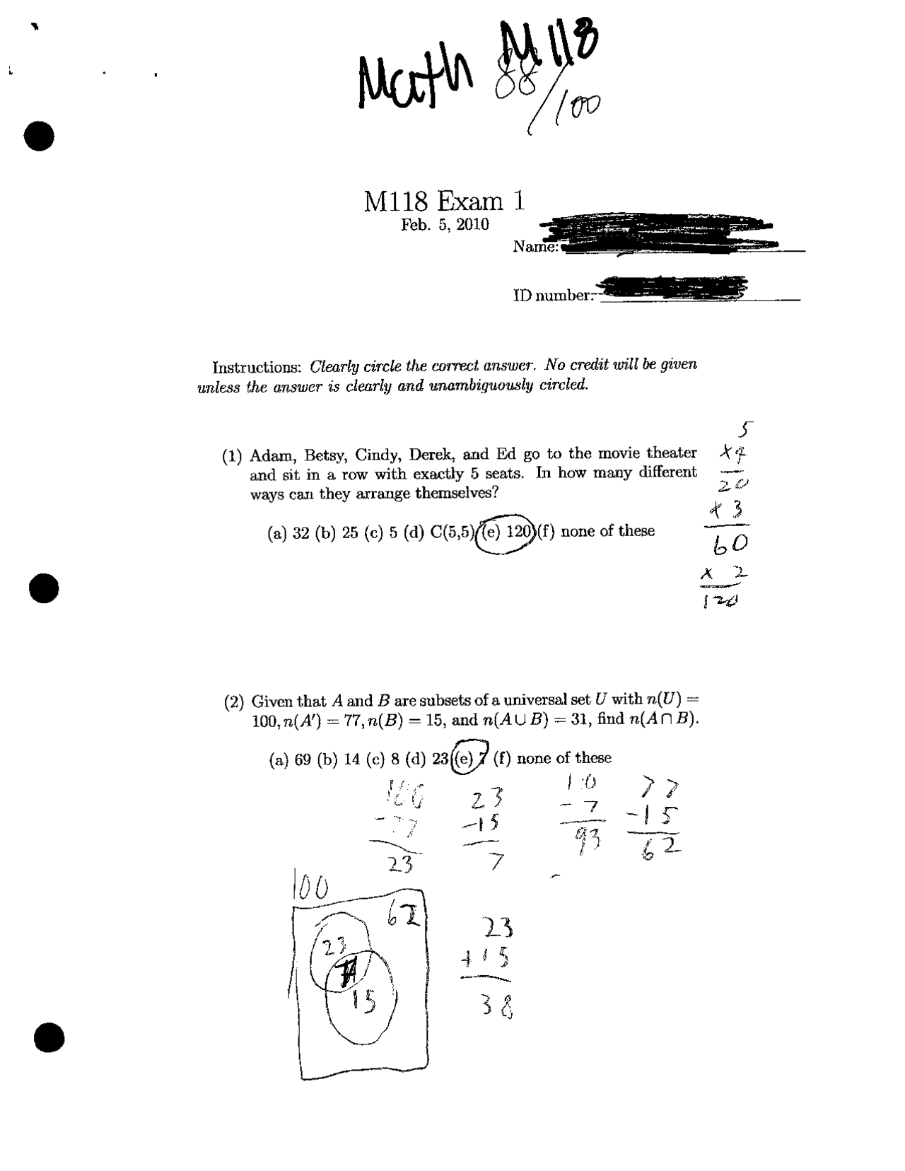 Exam 1 With Answers Key Finite Mathematics Math Exams Mathematics