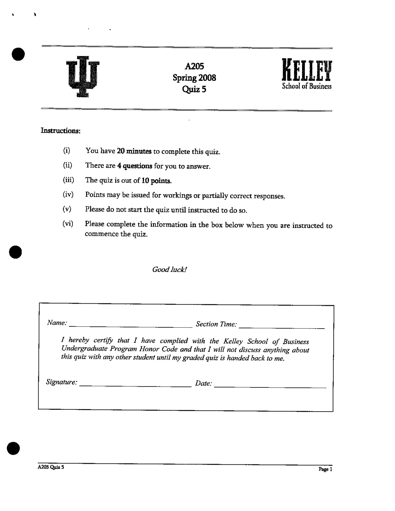 Practice Quiz 5 Introduction To Finance Accounting Honors Bus Docsity