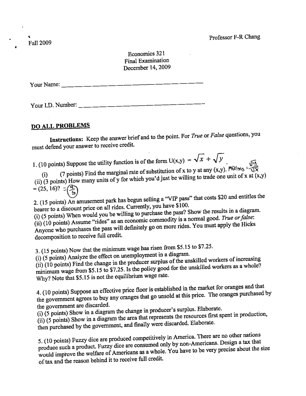 Final Exam With 10 Questions Intermediate Microeconomics Theory