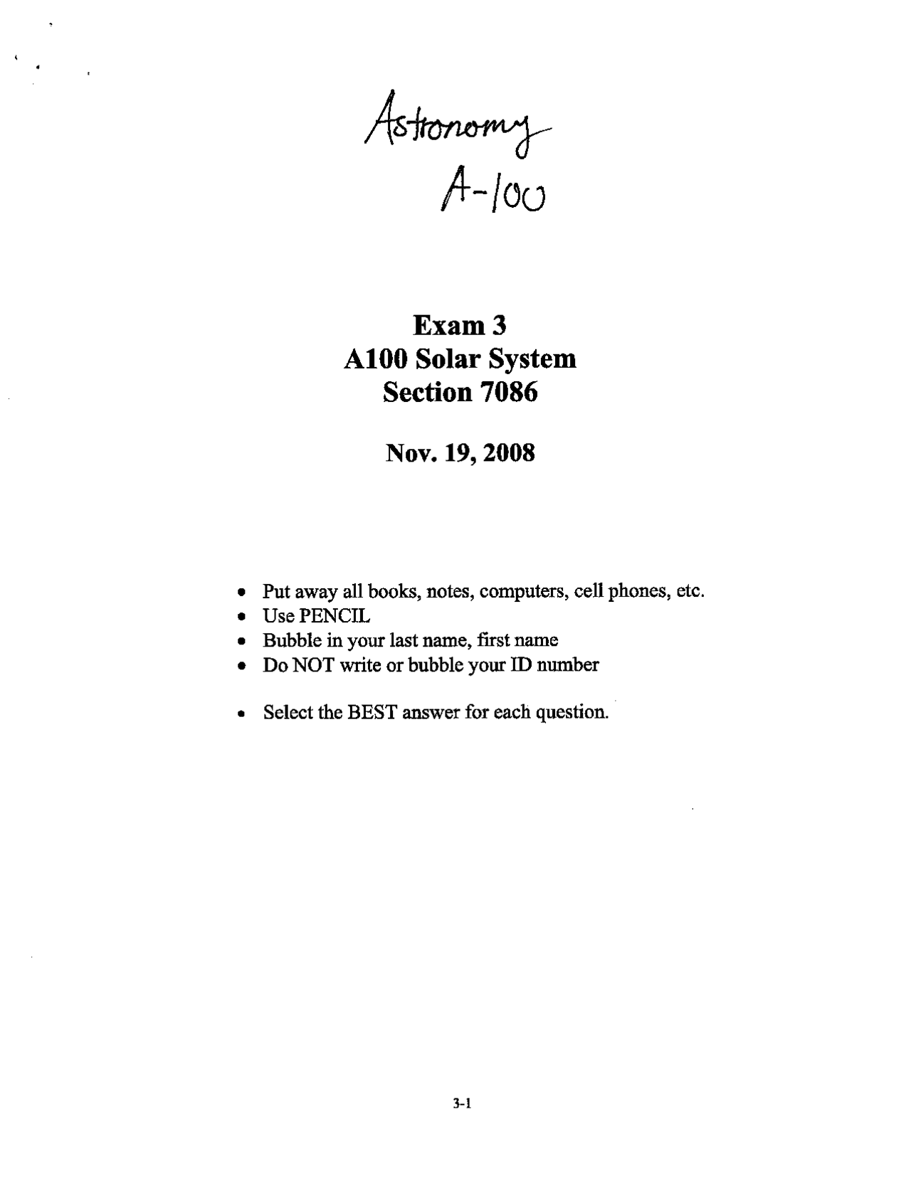 Solution Exam 3 The Solar System 2008 Ast Docsity