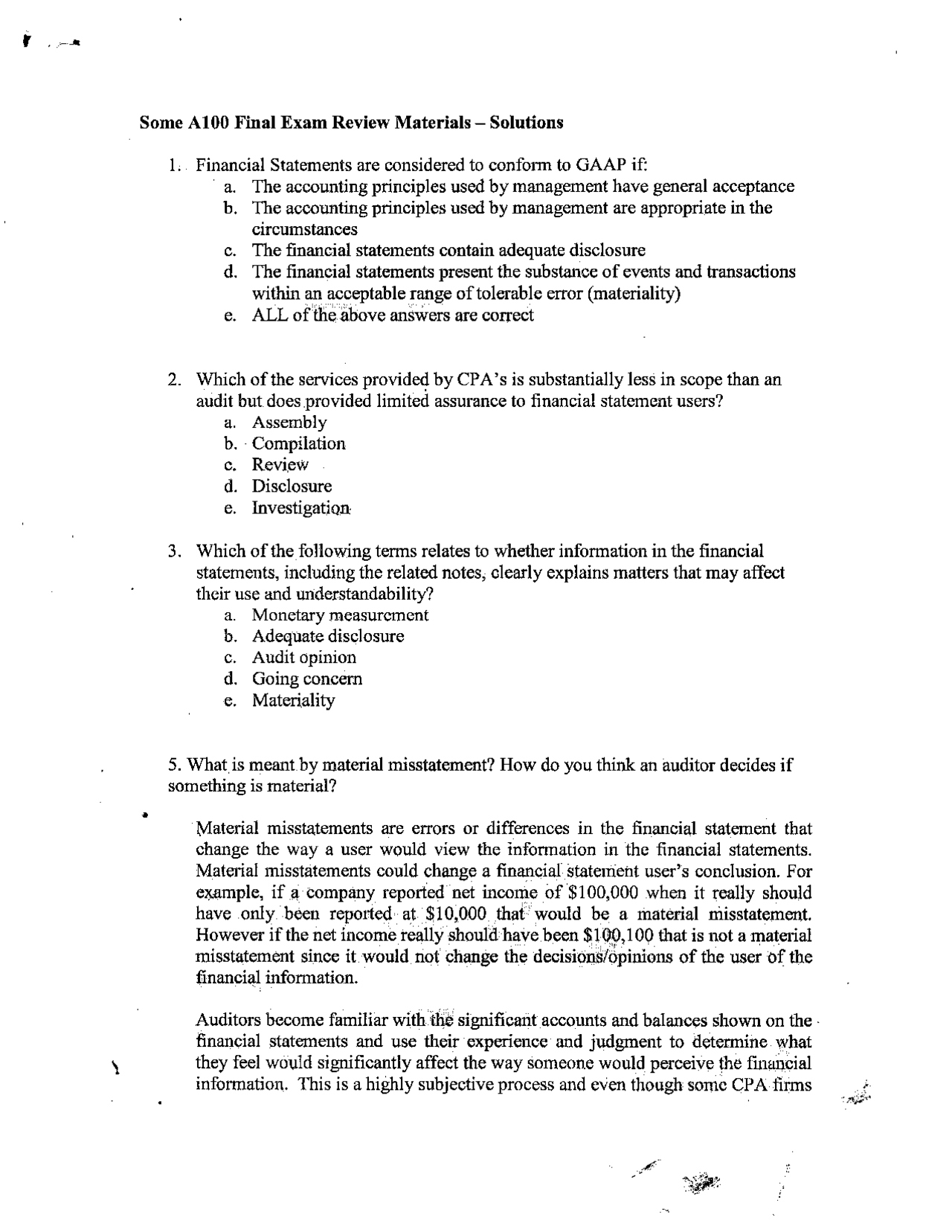 Final Exam Review Materials With Solutions Basic Accounting Skills