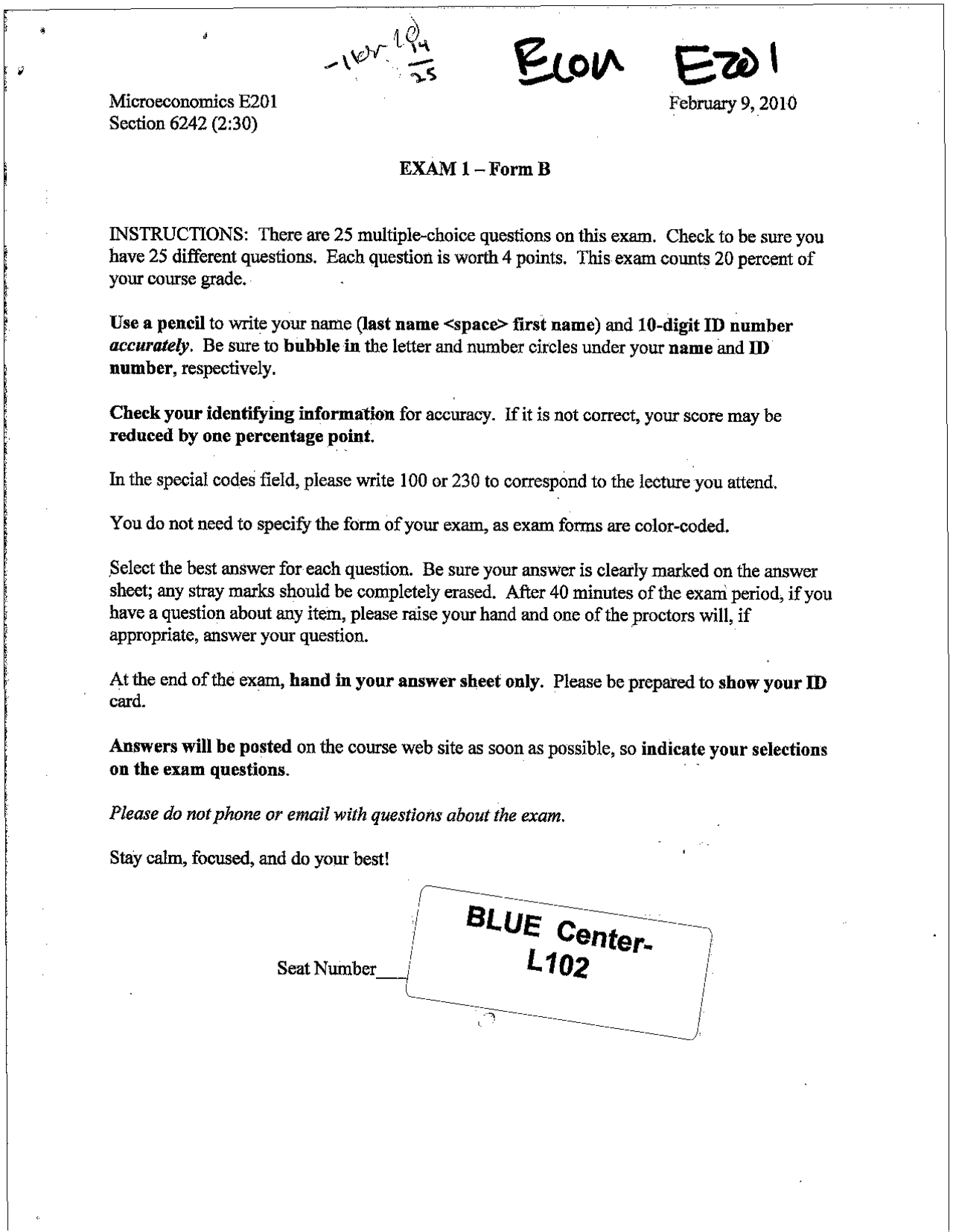Examination 1 Practice Problems On Introduction To Microeconomics