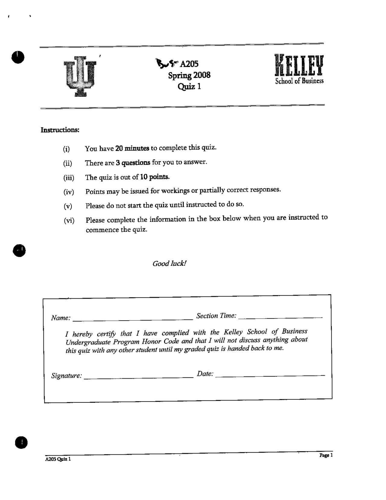 Quiz 1 Questions For Honors Introduction To Financial Accounting Bus