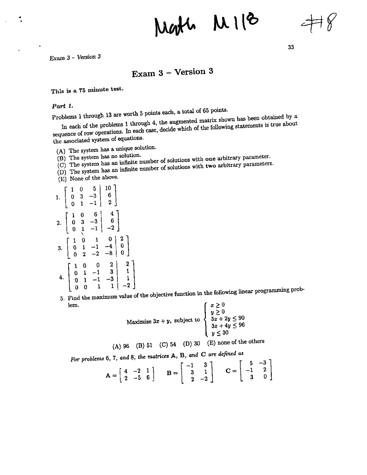 Midterm Exam 3 Finite Mathematics Math Docsity