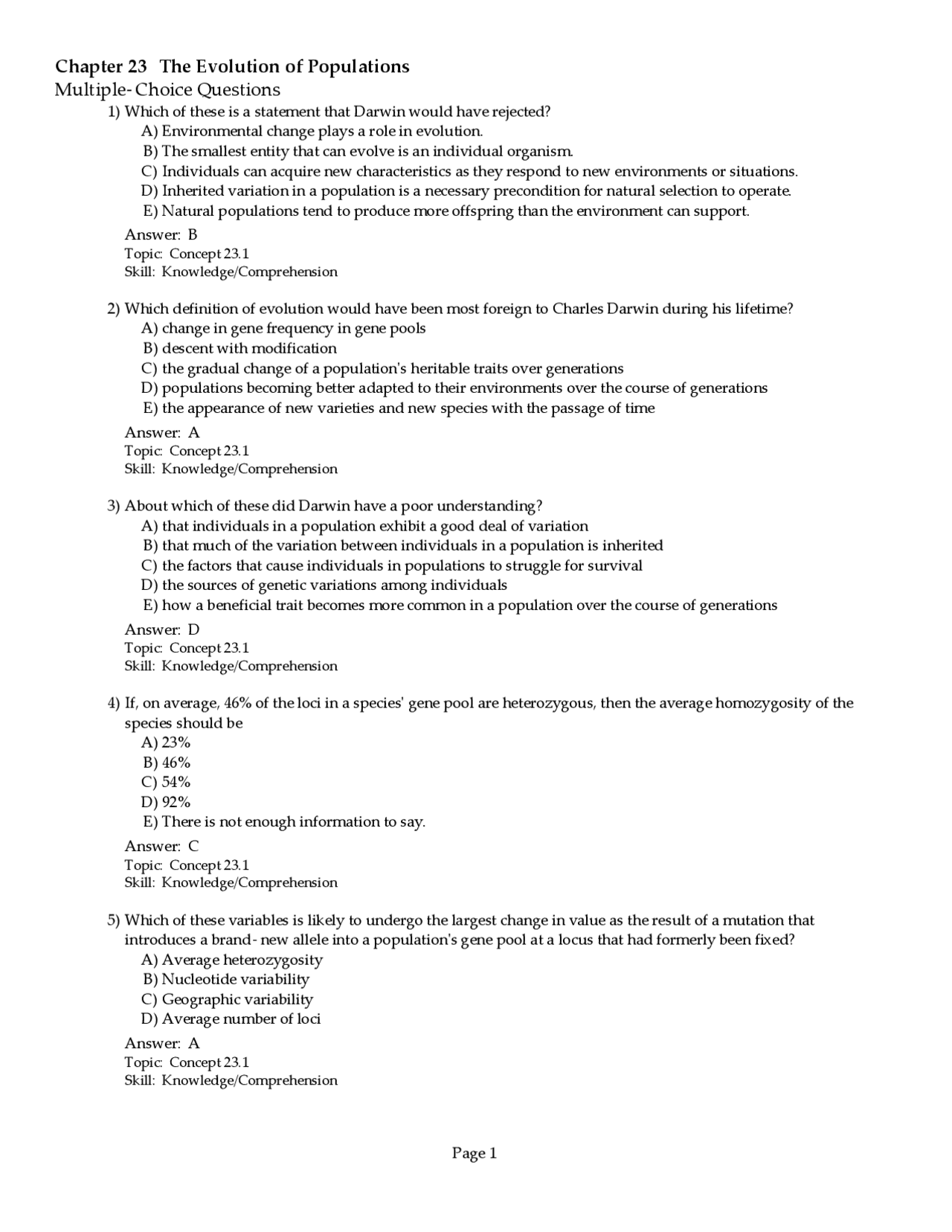 Questions On The Evolution Of Populations Biol 128 Docsity