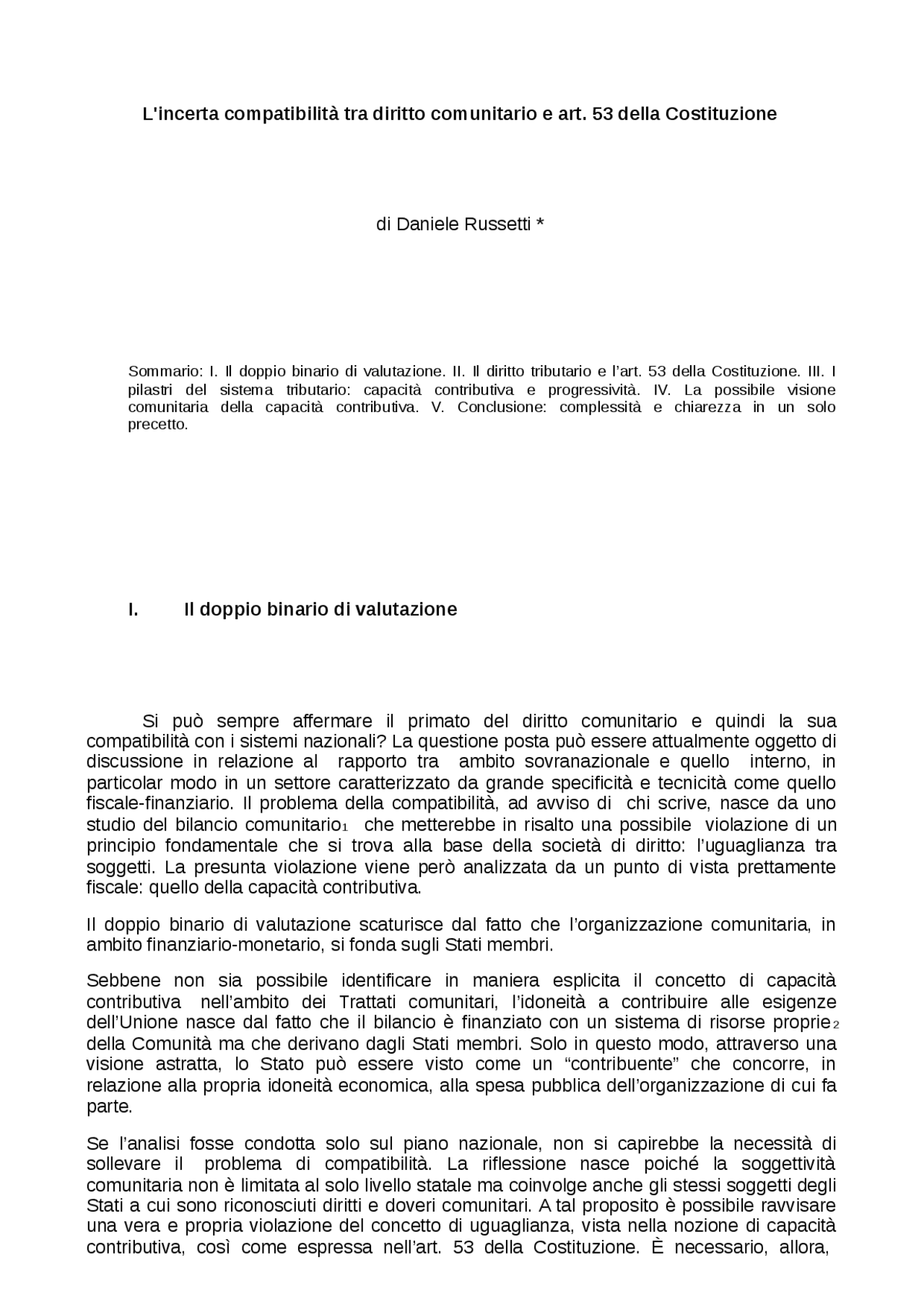 L'incerta compatibilità tra diritto comunitario e art. 53 della Costituzione - Docsity