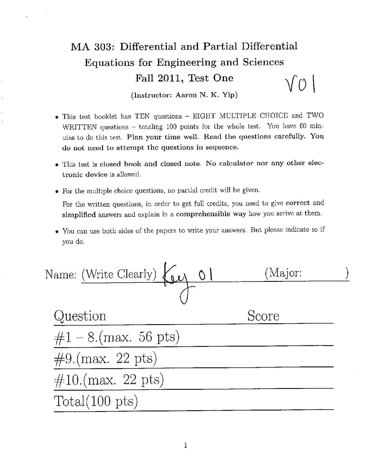 Test I With Answer Key Differential Equations Ma 30300 Docsity