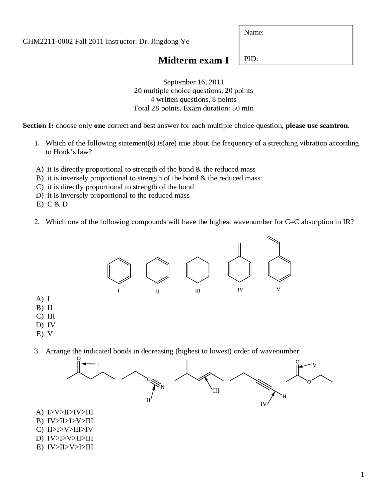 Midterm Questions With Solutions Organic Chemistry Ii Chm 2211