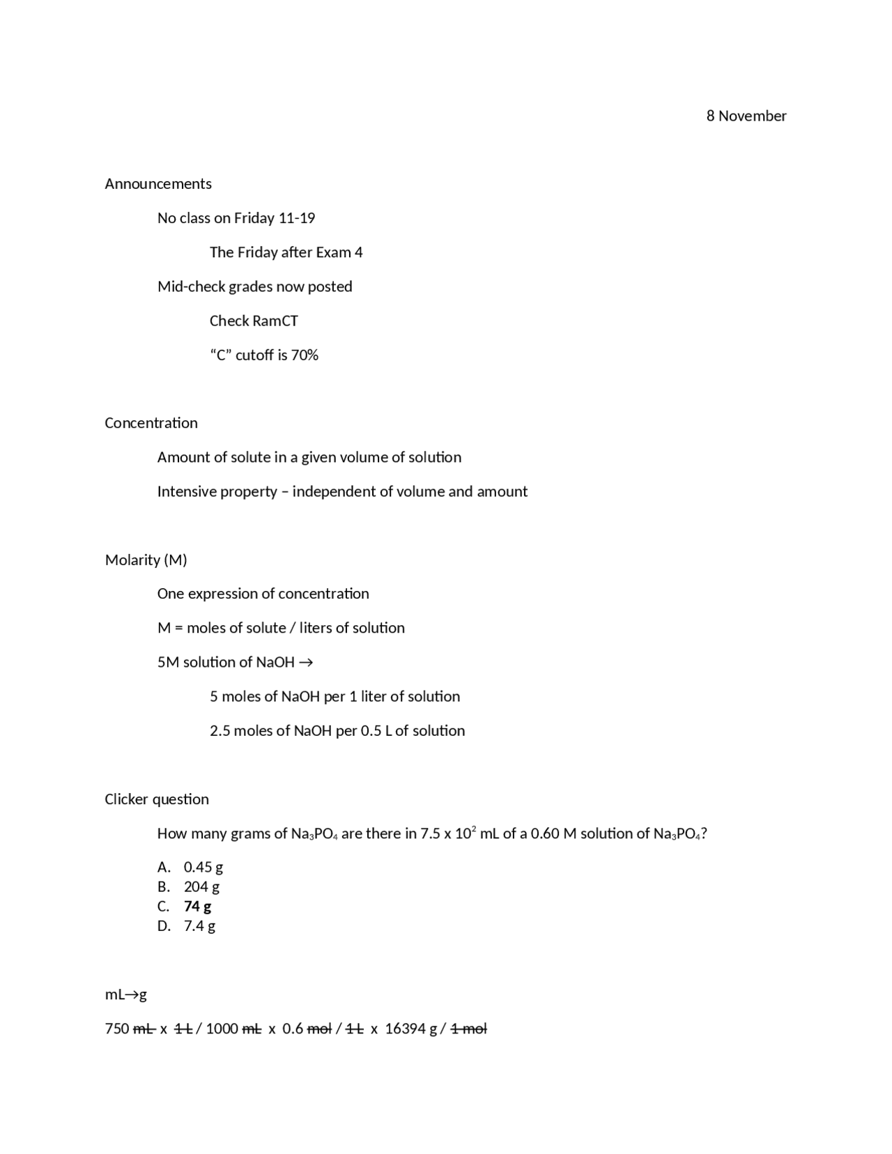Notes on Molarity, Concentration, Chemical Equations - General ...