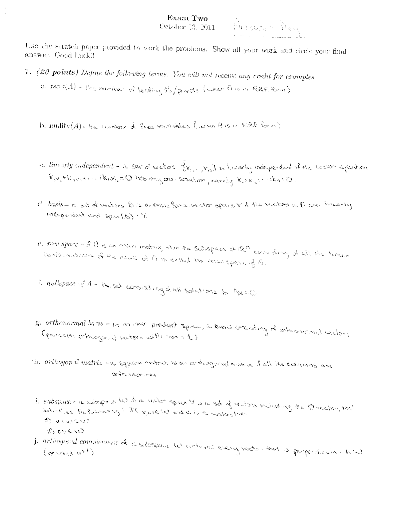 Exam 2 Questions With Answers Linear Algebra Math 2331 Docsity