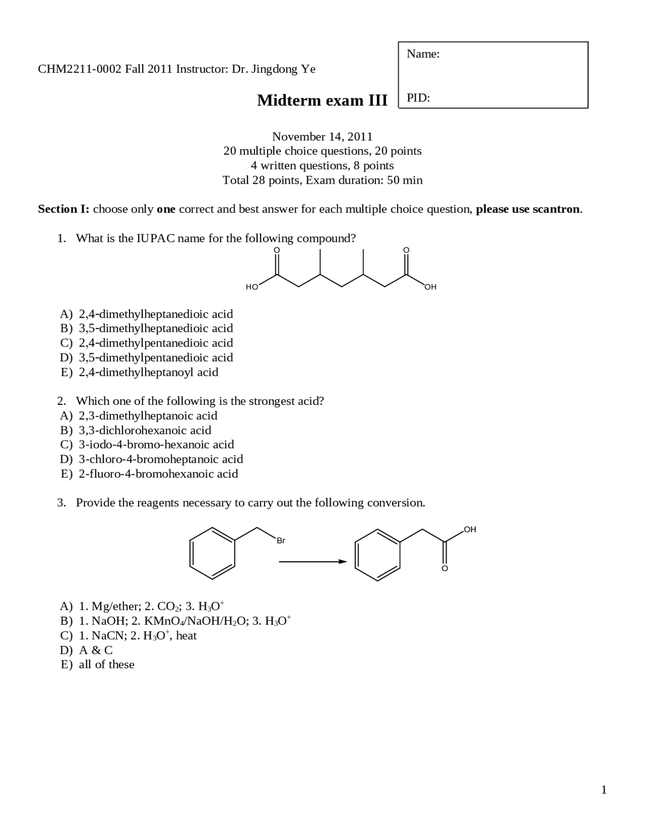 Midterm Exam 2 Organic Chemistry Ii Chm 2211 Docsity