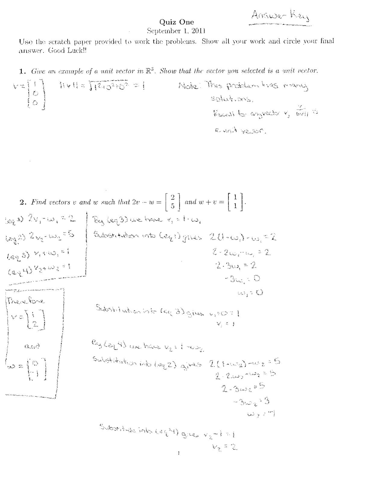 Quiz 1 With Answer Key Linear Algebra Math 2331 Docsity