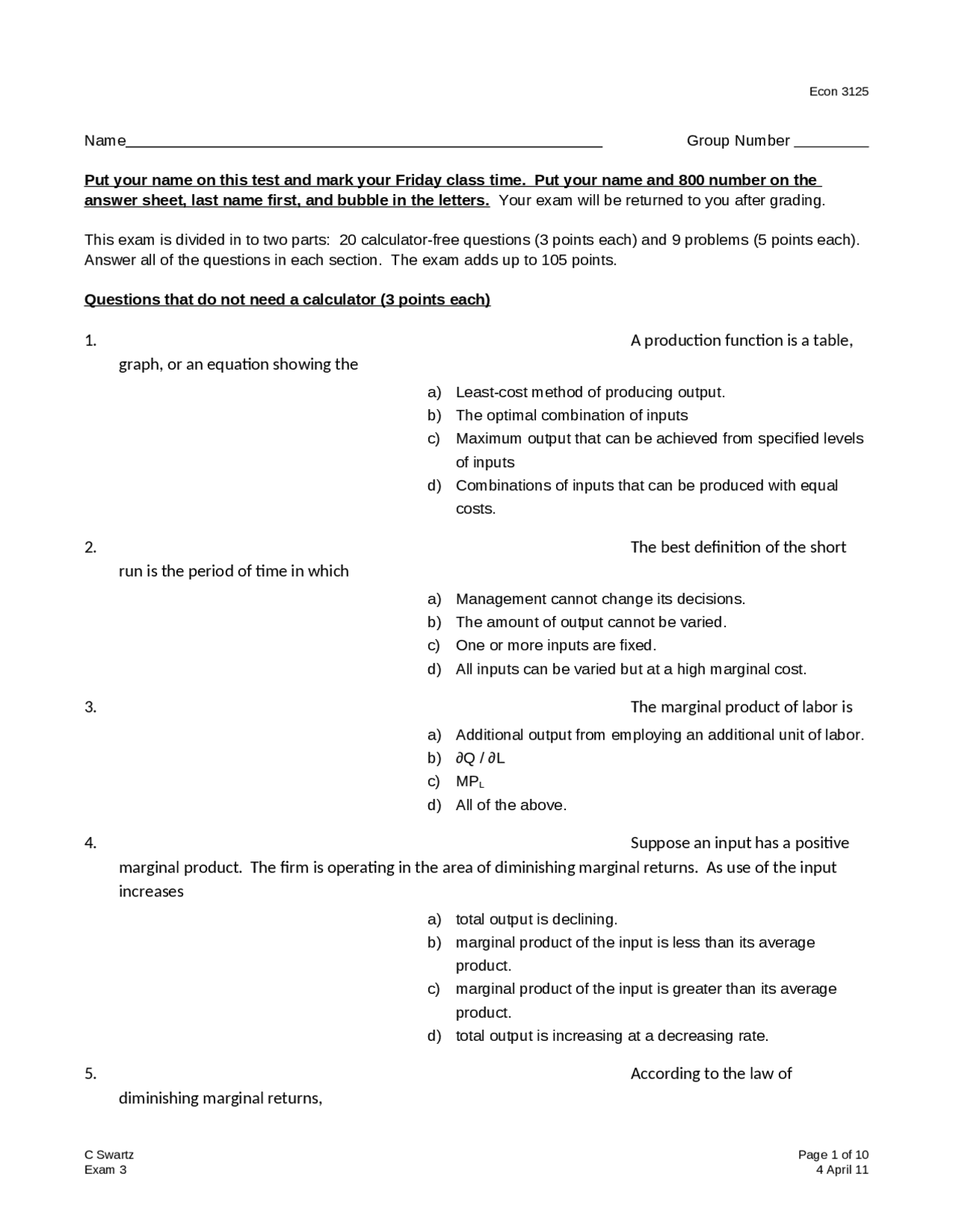Managerial Economics Complete Exam Paper Econ 3125 Docsity