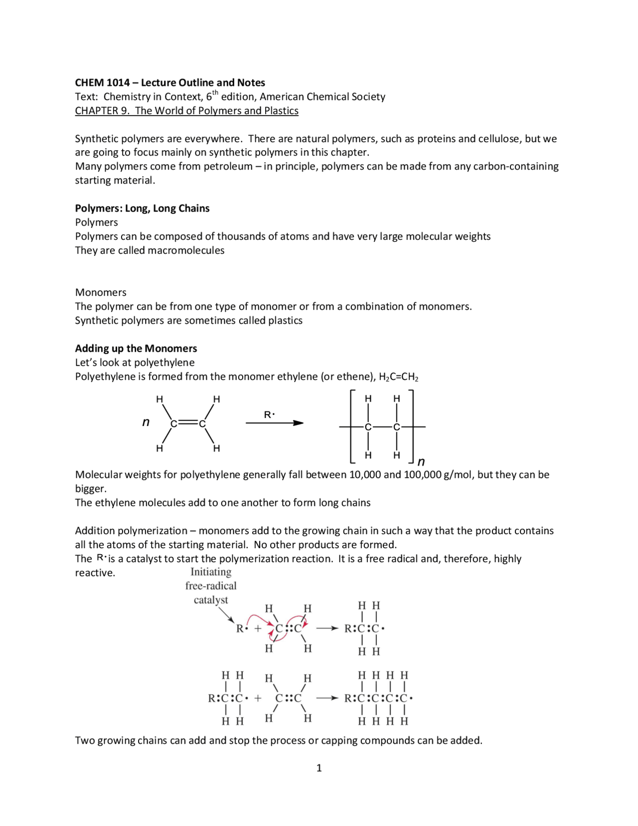 Lecture Outline And Notes On The World Of Polymers And Plastics Chem