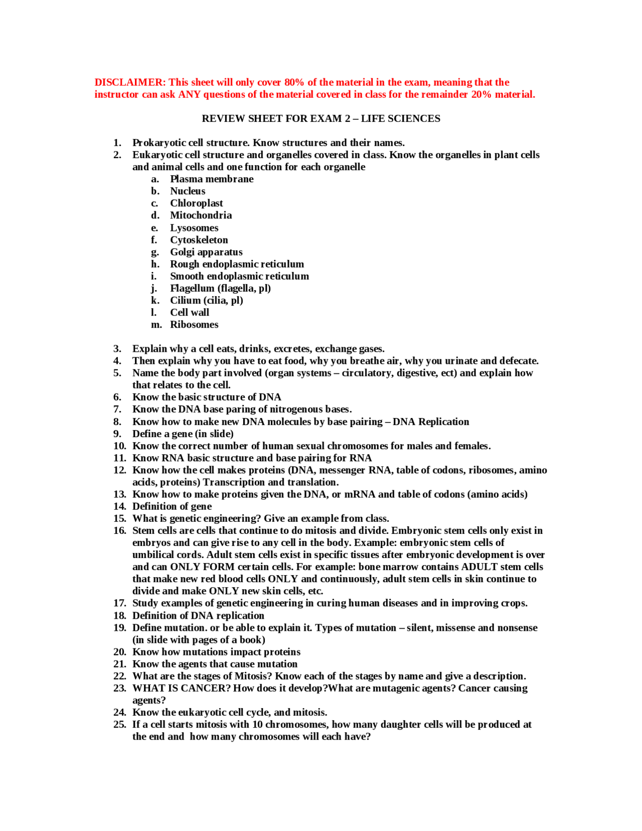 Review for 2nd Test - Life Science | BSC 1005 - Docsity