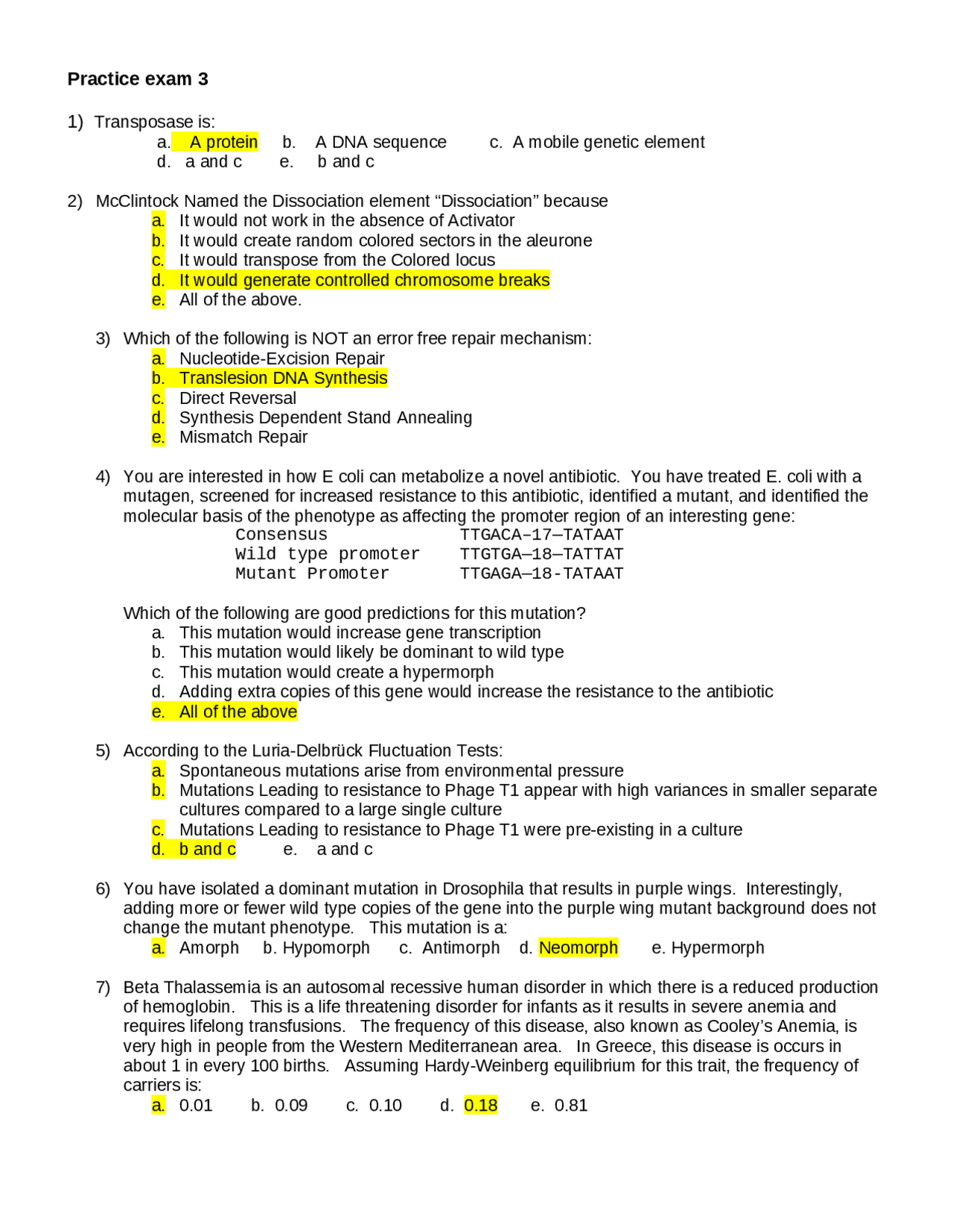 Practice Exam 3 Solutions - Genetics | BIOL 3301 | Exams Human Genetics ...
