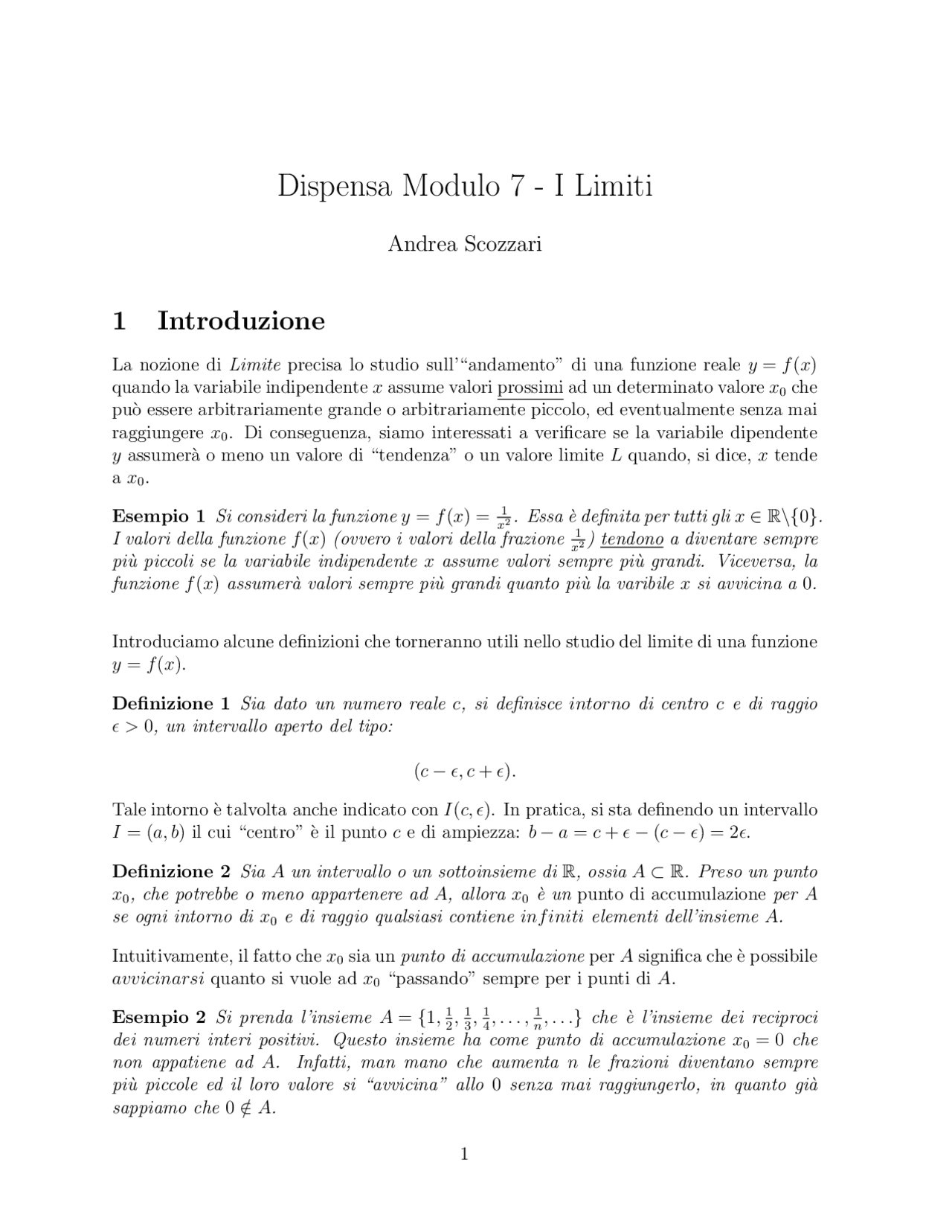 Dispense Di Matematica I Limiti Docsity