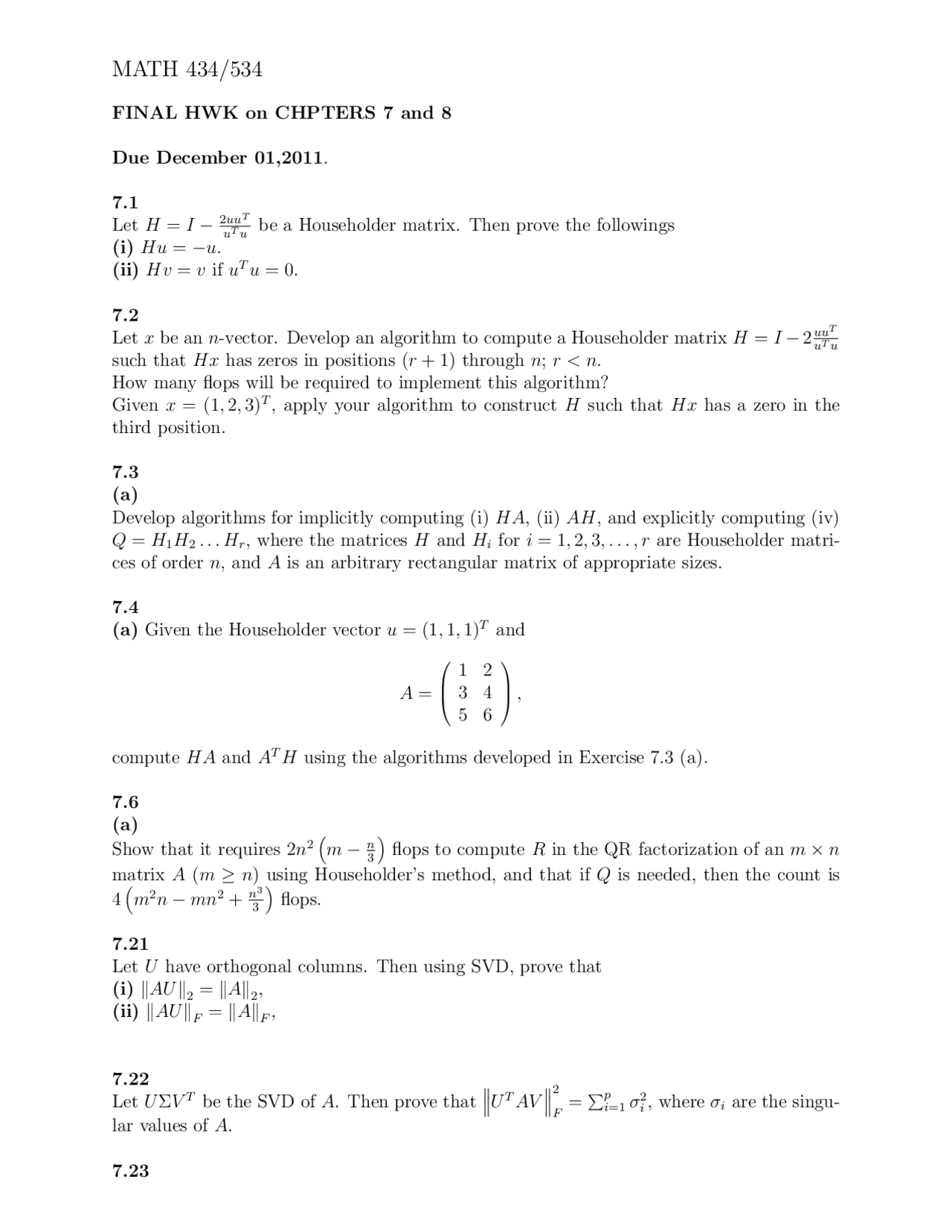 Homework Problems Numerical Linear Algebra Math 434 Docsity