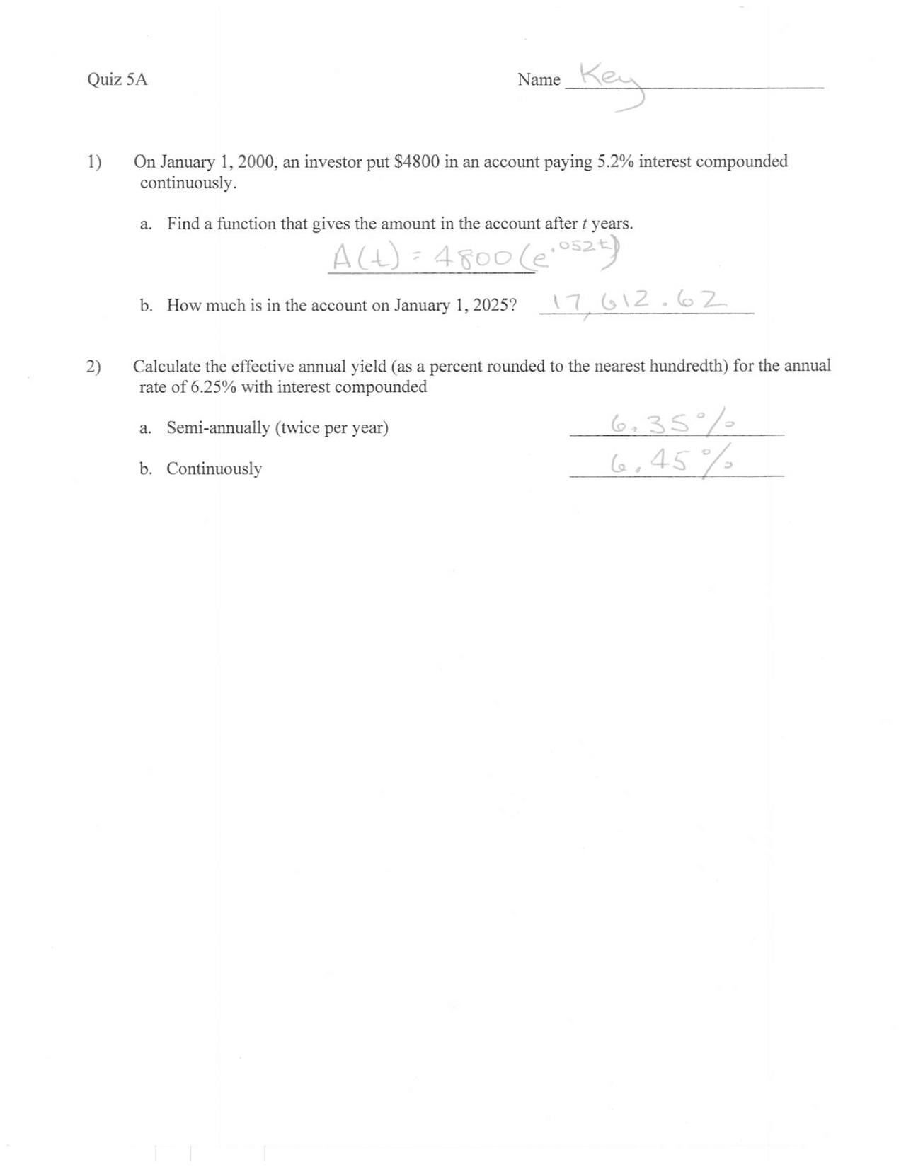 Solved Questions On Mathematical Modeling Quiz 5 Math 1101 Docsity