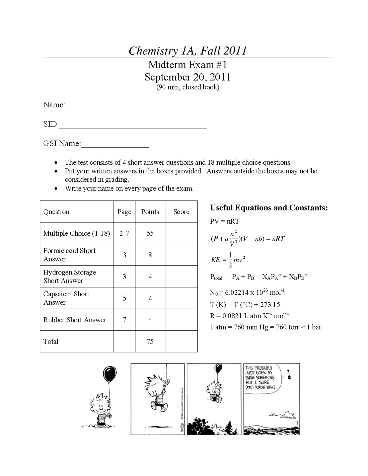 Midterm Exam - General Chemistry | CHEM 1A - Docsity